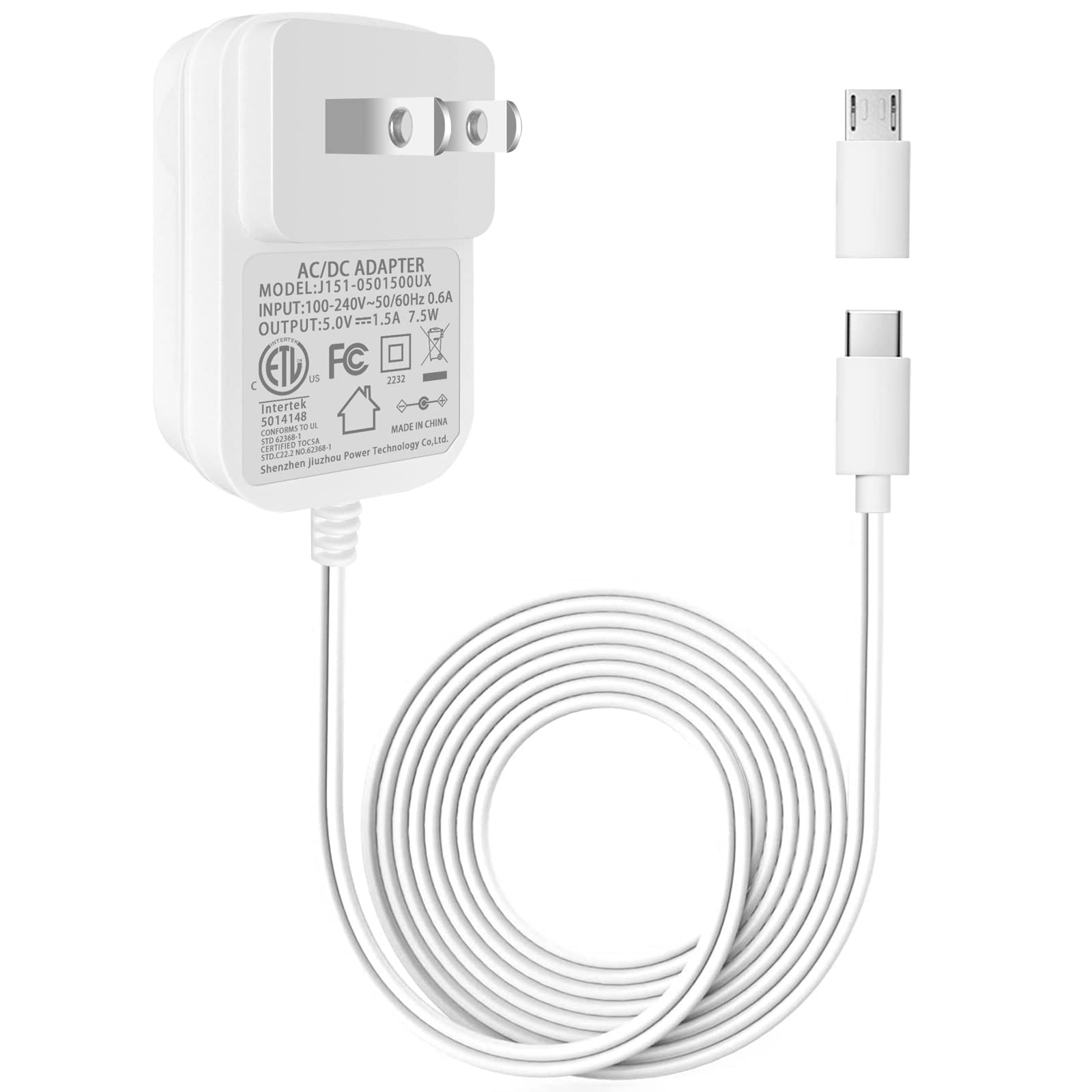 5V AC DC Charger Power Cord with Type-C and Micro USB DC Connector ETL Certificate, for DC 5 Volts 1.5A 1A Android Smart Phone, Kindle Fire, Tablet and More 5Vdc Devices.