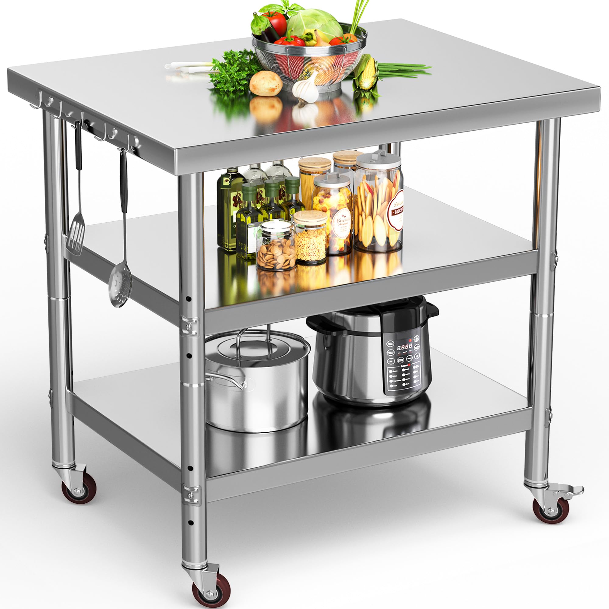 YITAHOME NSF Stainless Steel Table, 30" X 24" Work Table with Wheels, 3 Shelves Metal Table Prep Table for Home Kitchen Restaurant Garage Warehouse Outdoor