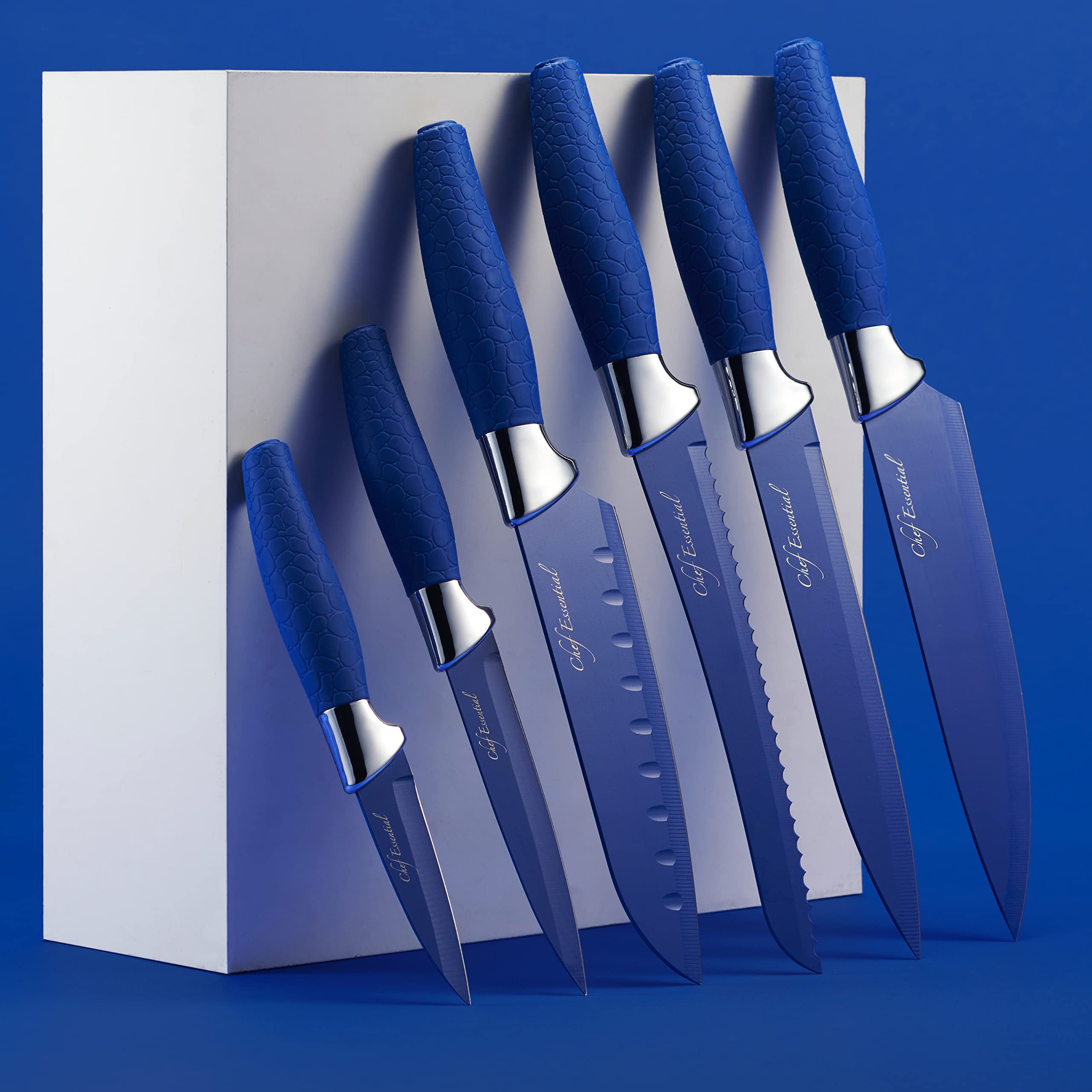 Carbon Knife Set with Block – 6-Piece Never-Dull Kitchen Knife Set – Meat, Veggie, Bread Knife Set – Nonstick Chef Knife Cooking Knives for Kitchen – Precise-Slice Carbon Steel by Chef Essential