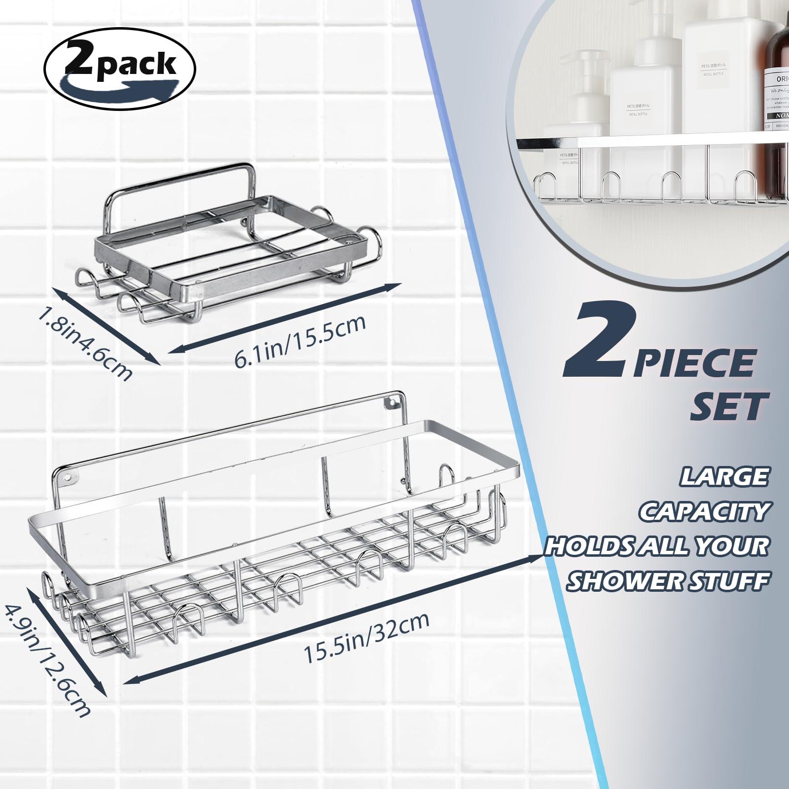 Adhesive Shower Caddy Organizer for Bathroom - Tile Shower Shelf for Inside Shower with Soap Holder, Adhesive No Drilling Traceless Organization and Storage Basket Shelf For Bathroom and Kitchen