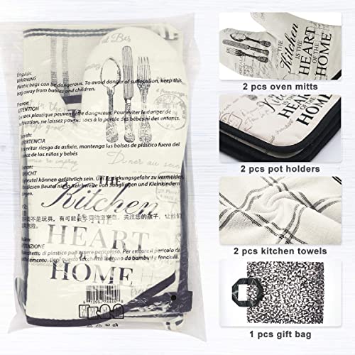 Warome Oven Mitts and Pot Holders Sets, 572°F Heat Resistant Oven Mitts with Soft Cotton Kitchen Towels, Multi-Function Kitchen Potholders with Pockets, Cute Hot Pads and Long Oven Mitts(6pcs)