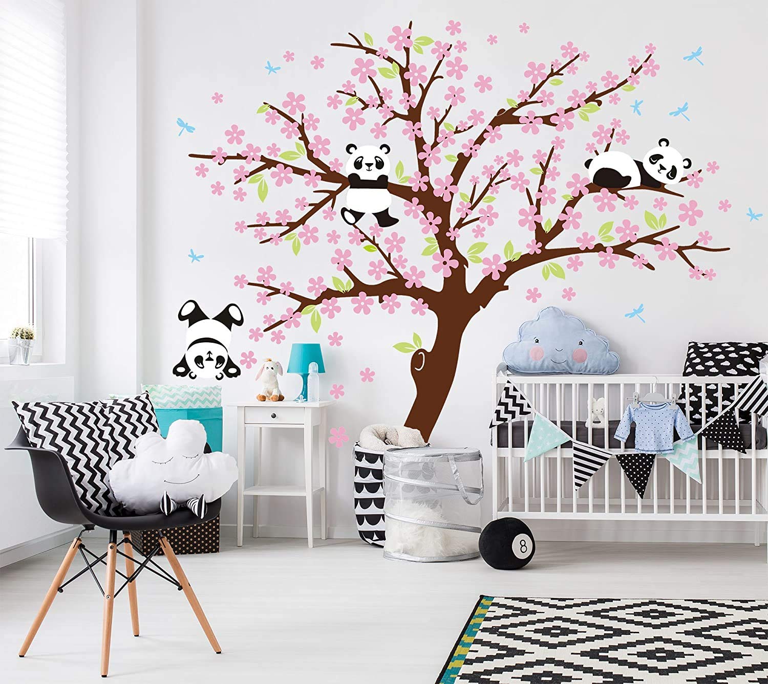 LUCKKYY Three Pandas Plying on Cherry Blossom Trees Branches Wall Decal Tree Wall Decal Tree Wall Sticker Nursery Bedroom Kid Baby Wall Decals Forest Mural Paper Nursery Vinyl Removable (Brownpink+)