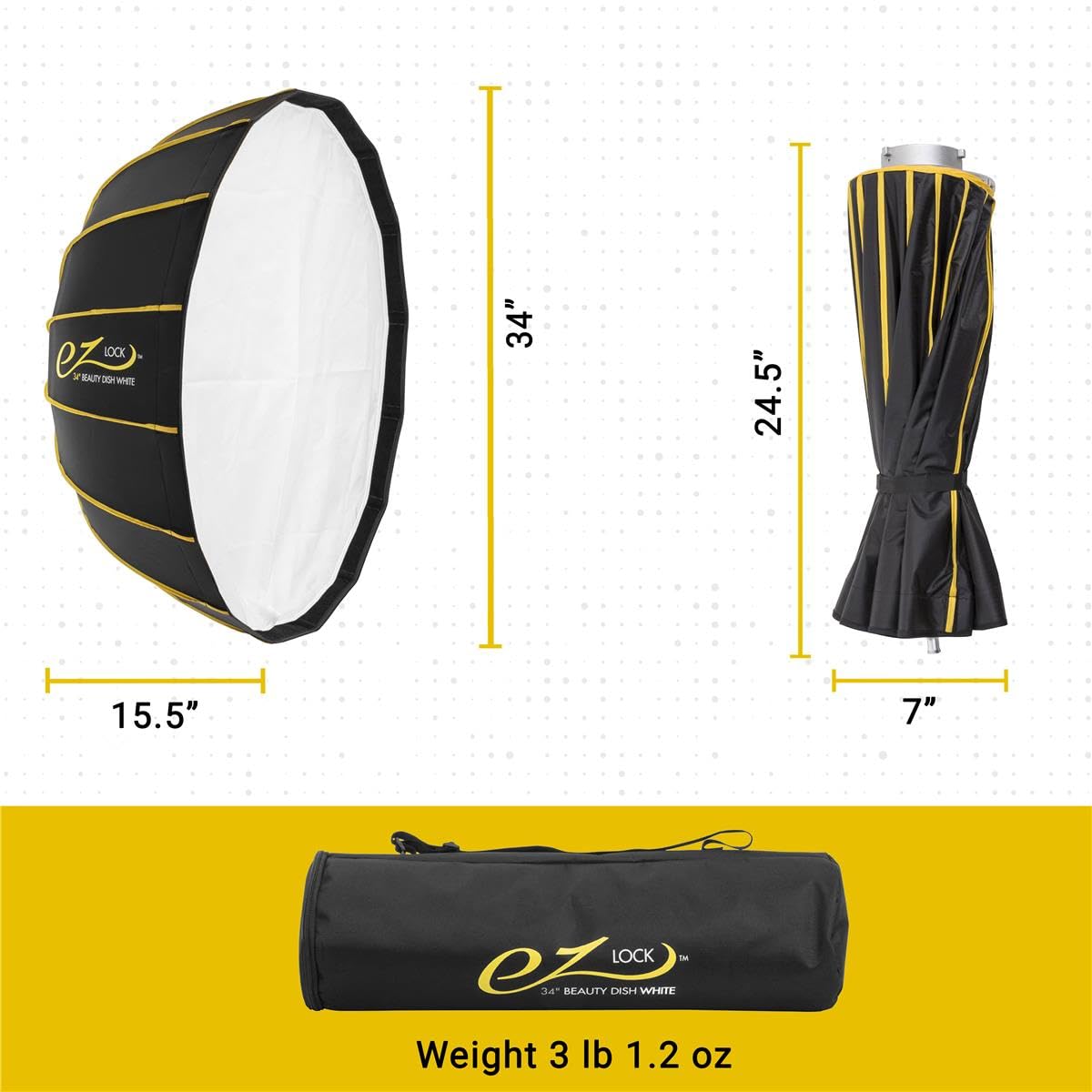 Glow EZ Lock 34" Collapsible White Beauty Dish Softbox w/Bowens Mount Speedring and Deflection Disk, 16 Ribbed Design Soft Box with White Interior for Perfect Lighting and Beauty Dish Photography
