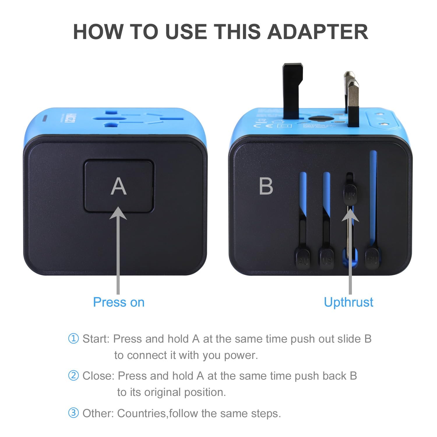 Travel Adapter, HAOZI Universal Travel Adapter - 3 USB + 1 Type C in One Travel Charger with UK/US/AUS/EU Plugs and Socket, International Power Adapter Wall Charger (Type-c Blue)