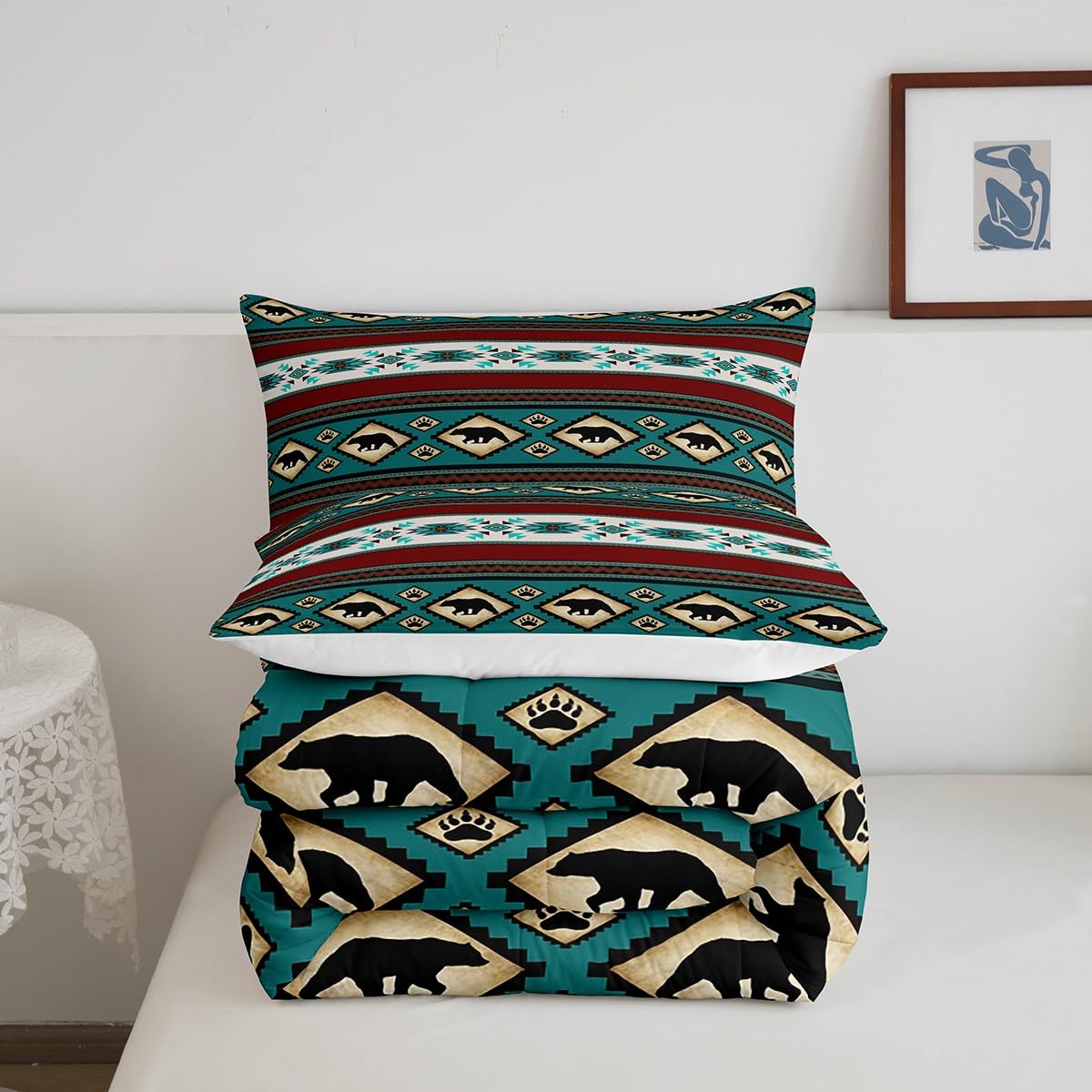Western Boho Bear Bedding Set Full, Southwestern Aztec Comforter for Kids Boys Girls Boho Exotic Comforter Set Farmhouse Rustic Cabin Duvet Set 3Pcs