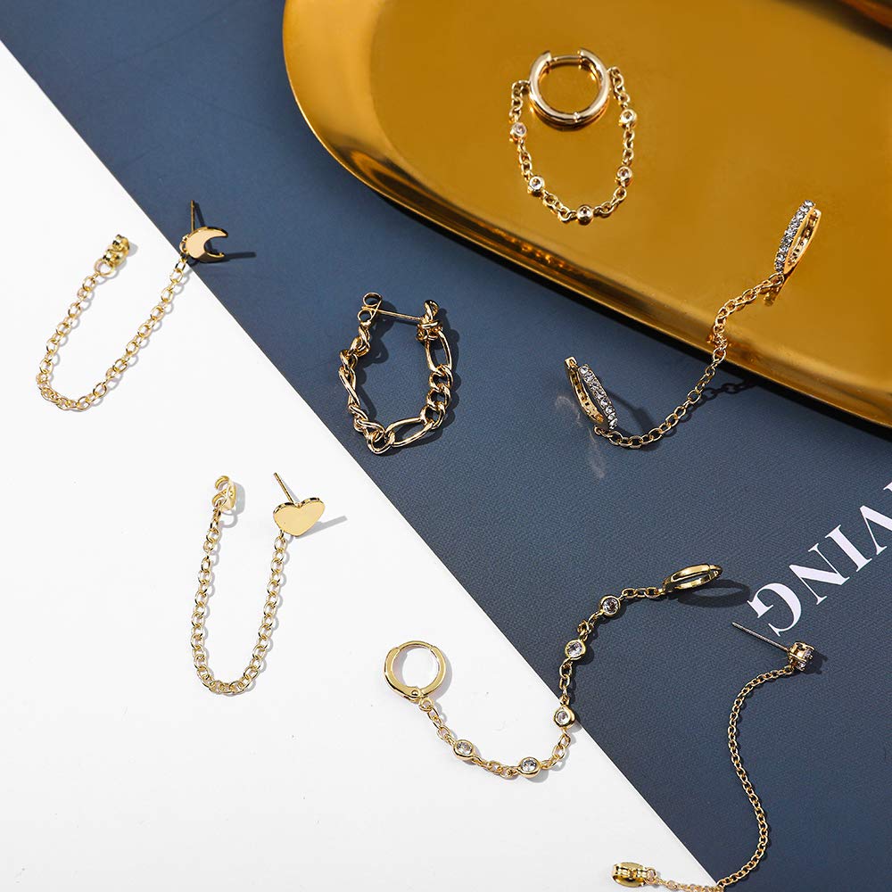 7Pcs Chain Hoop Earrings Chain Stud Earrings Set Gold Plated Dainty Double Piercing Earrings Tassel Chain Drop Dangle Huggie Hoop Earrings for Women