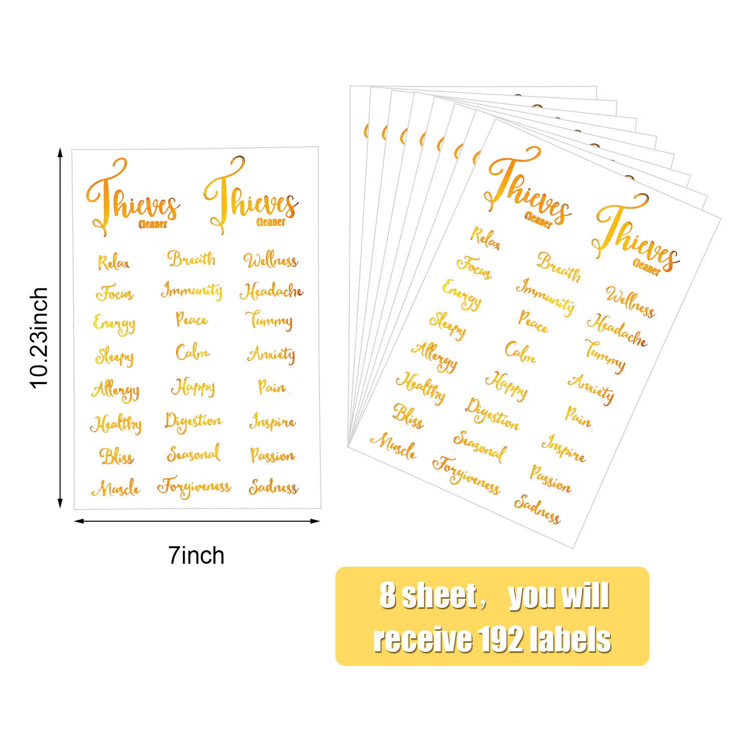 8 Sheets Essential Oil Bottle Labels Stickers Letter Stickers Waterproof Vinyl Essential Oil Labels for Perfume Bottle (Golden)