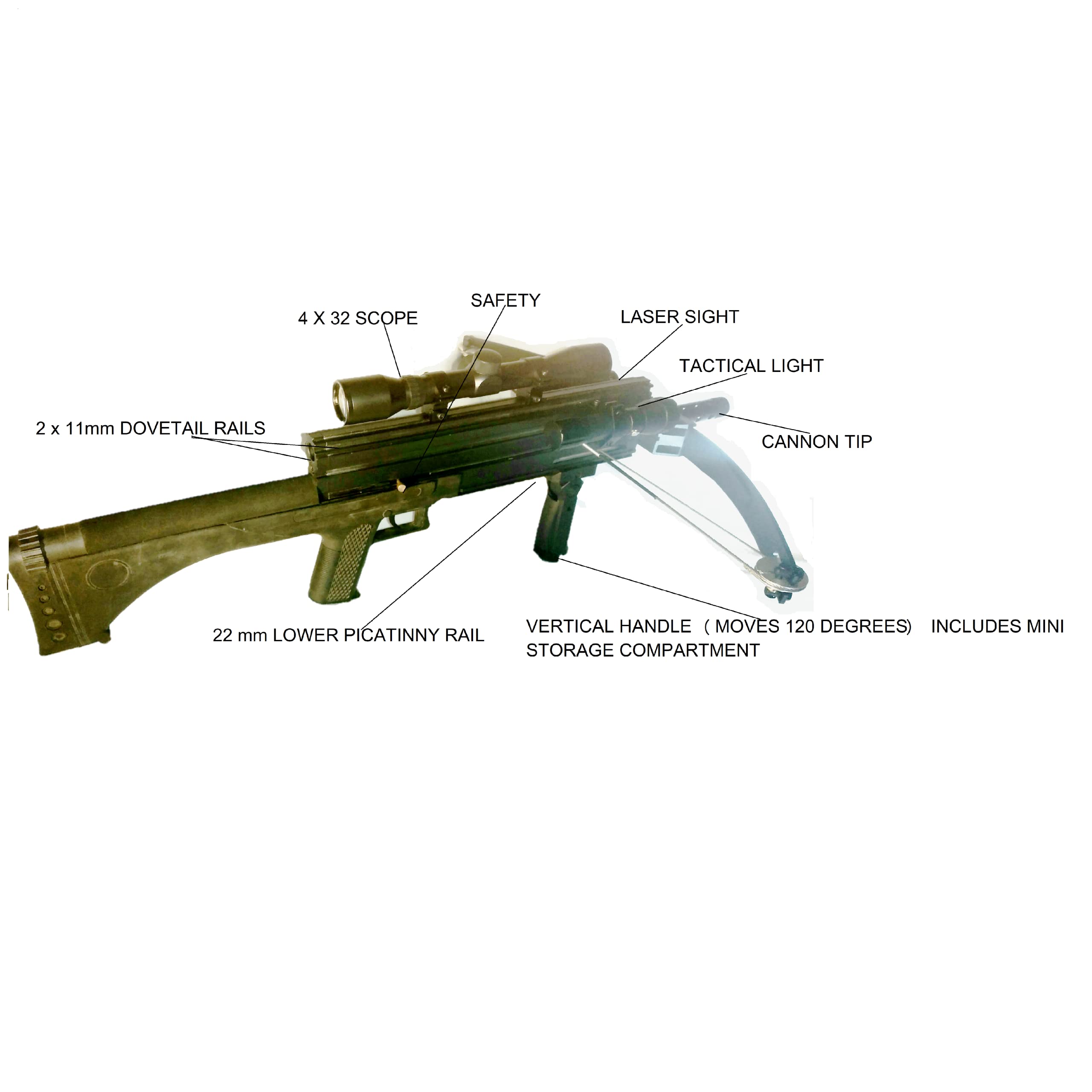 80lbs Steel Ball WT4 Repeating Crossbow with Tactical Package. includes Flashlight, Scope and Red Beam aimer