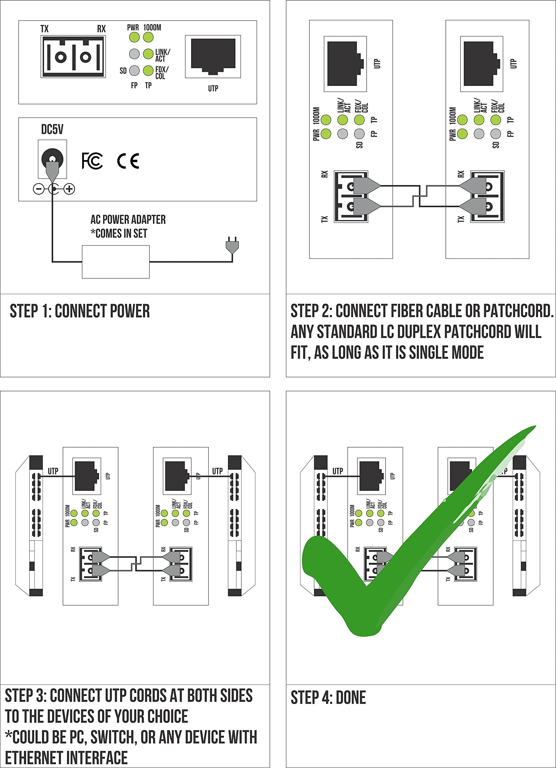 Single Mode LC Gigabit Fiber Media Converter - Includes LC SFP 20 km (12.42 Miles) LC β to UTP Cat5e Cat6 10/100/1000 RJ-45 β Auto Sensing Gigabit or Fast Ethernet Speed - Jumbo Frame - LLF Support