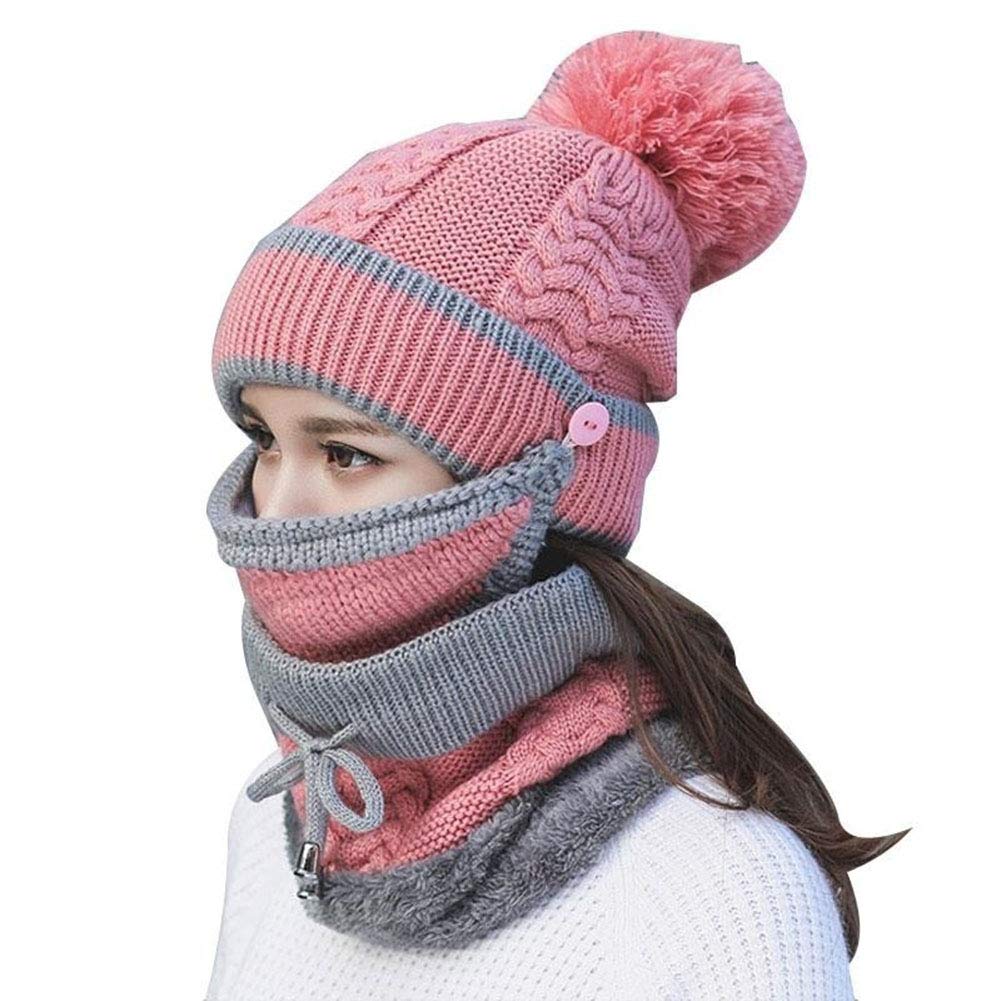 3pcs/Set Fashion Women Winter Knitted Hat Thickened Woolen Cap with Warm Mask and Neck Scarf ((Pink)