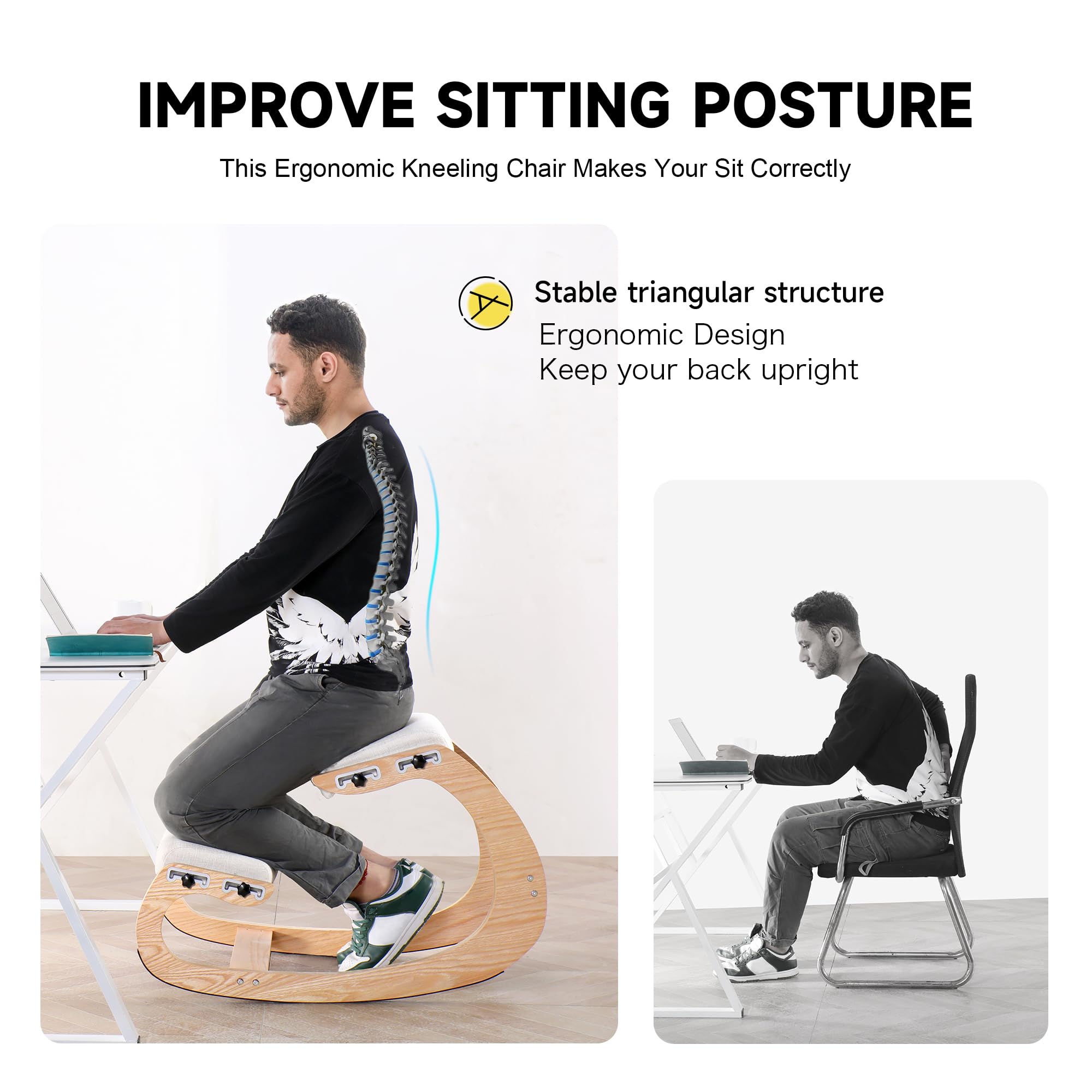 Adjustable Kneeling Chair, Wooden Ergonomic Rocking Chair - Improve Your Posture with an Angled Seat for Home,Office(White Oak)