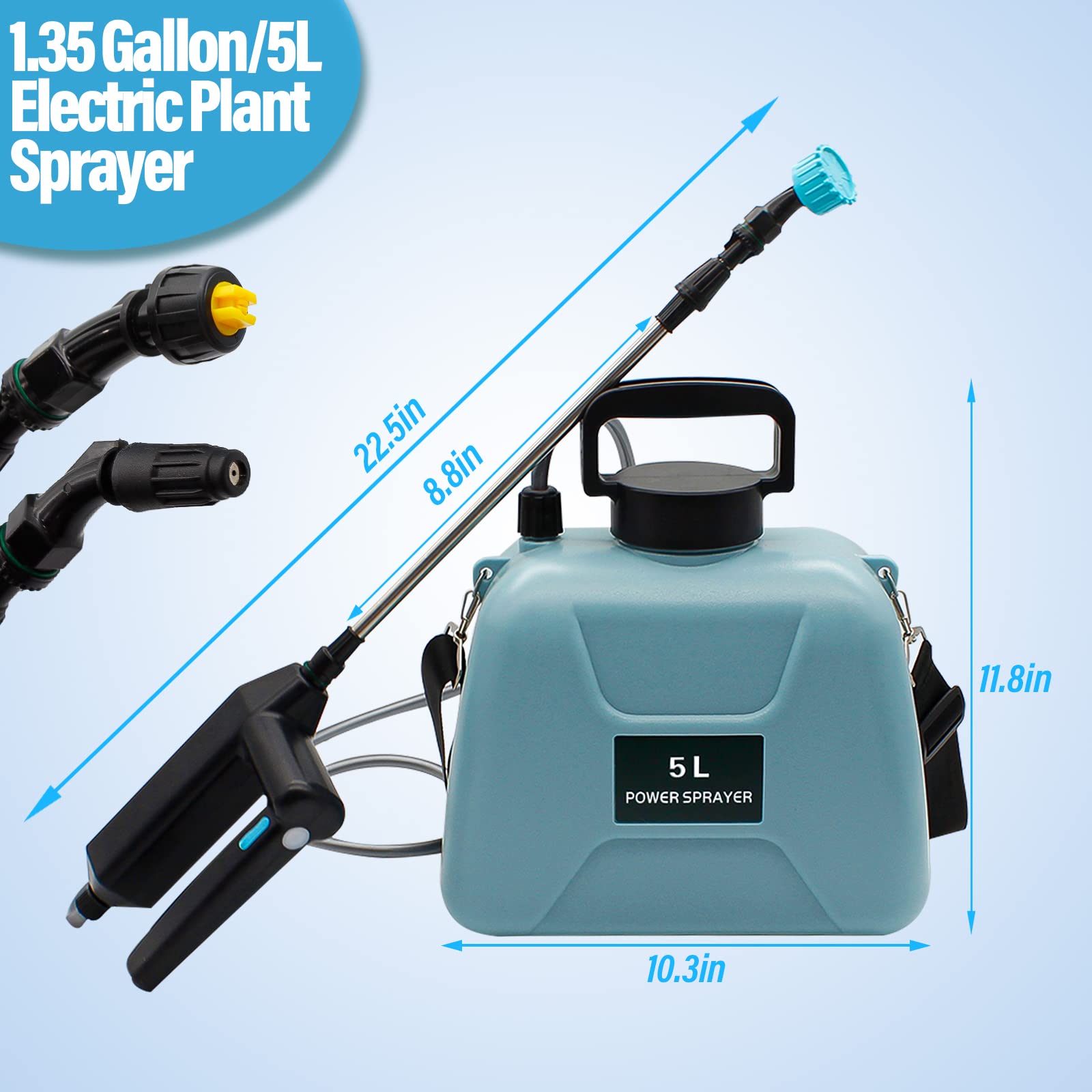 𝟳.𝟰 𝗩 Battery Powered Pump Sprayer with 3 Mist Nozzles, 1.35 Gallon Electric Garden Sprayer with USB Rechargeable Handle, Telescopic Wand, Portable Lawn Weed Sprayer with Adjustable Shoulder Strap