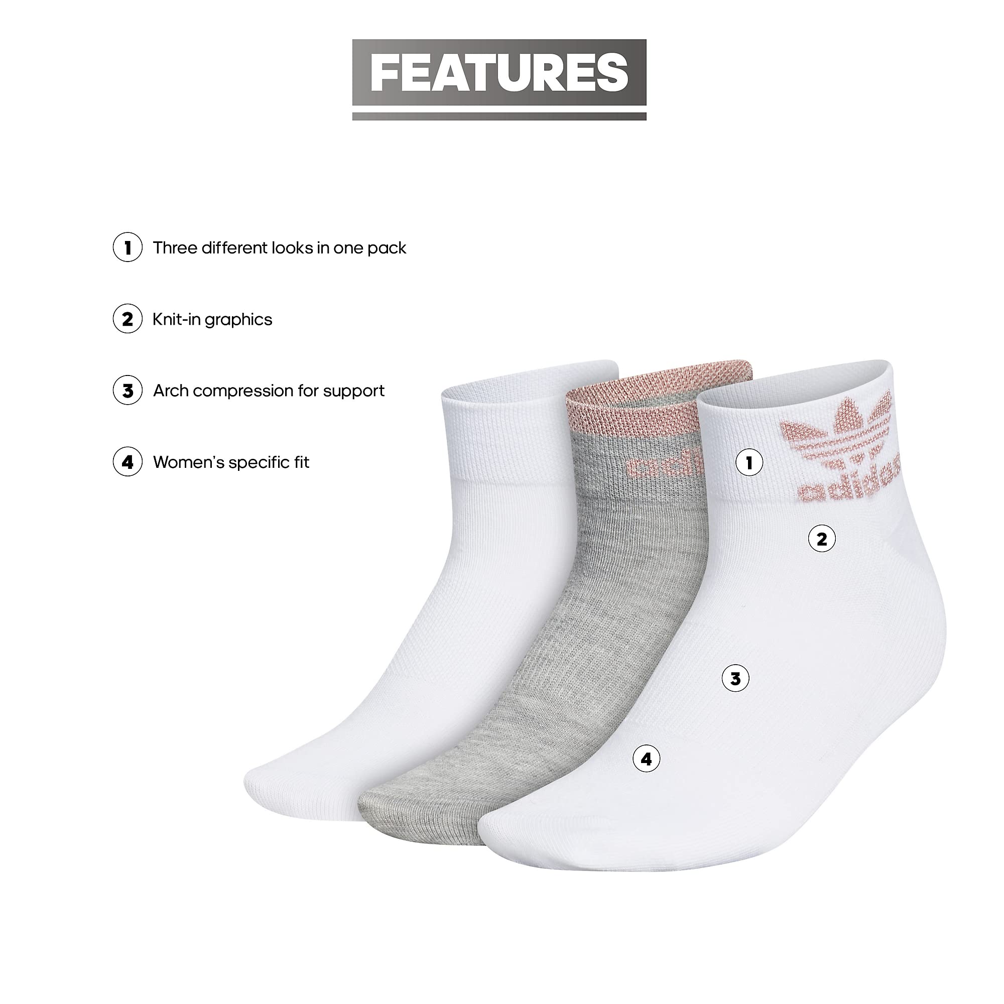 adidas Originals Women's Originals Trefoil Shine 3-Pack Low Cut, White/Rose Gold Shiny Nylon/Heather Grey, Medium