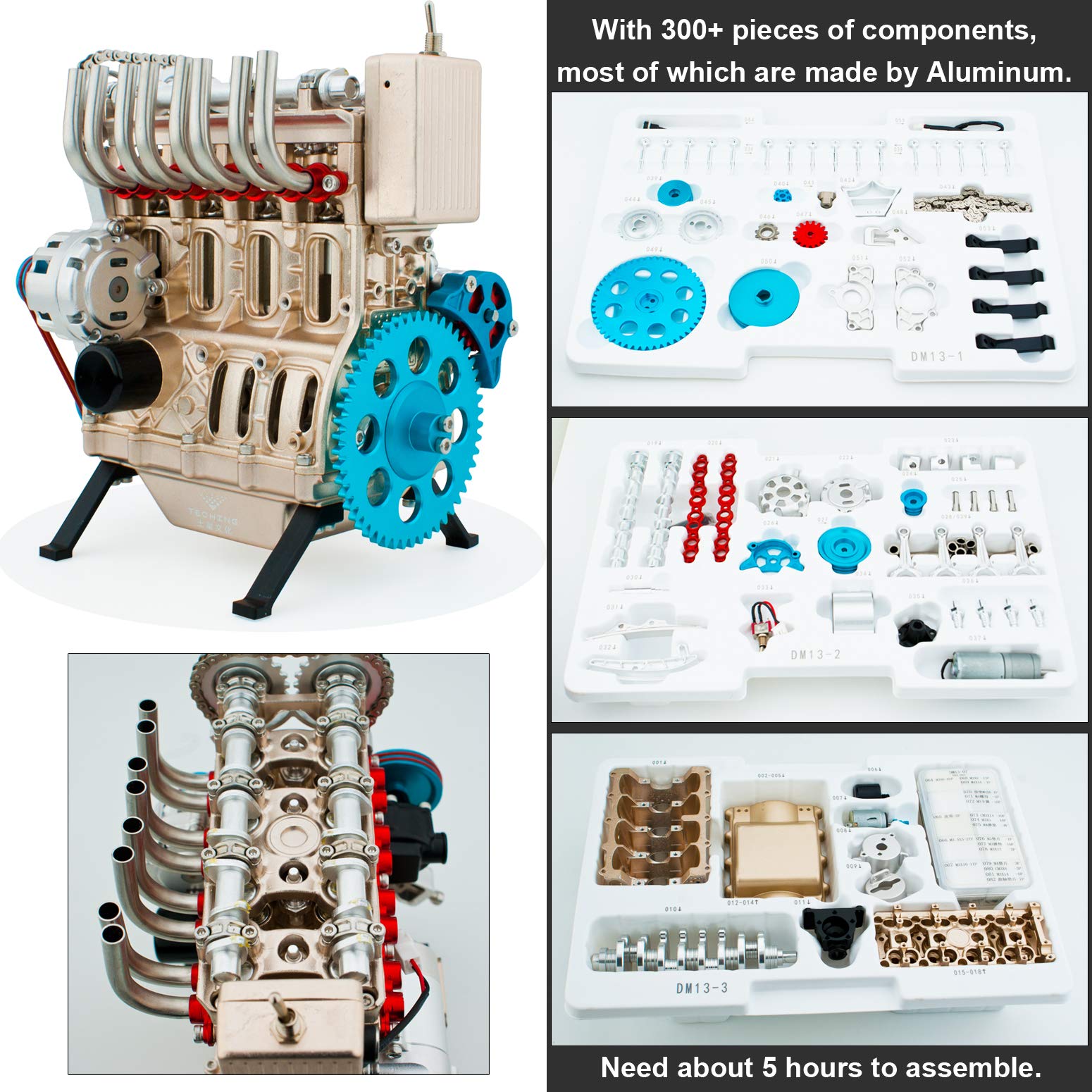 DjuiinoStar Vehicle Engine Model Assembly Kit (300+ Pieces Components, 5 Hours Assembly Time), Four-Stroke Straight-Four Gas Engine Working Model, 4 Cylinder Engine Kit DM13-1