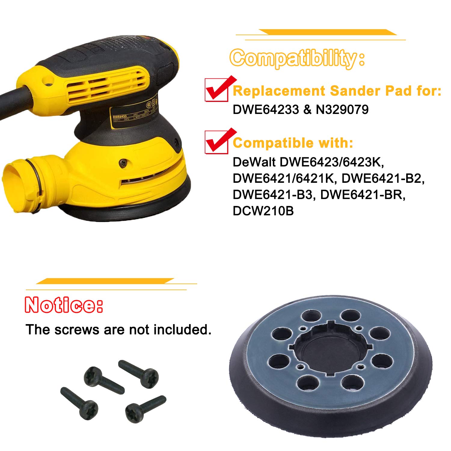 4 Packs 5 inch 8 Hole Hook and Loop Replacement Sanding Pad for DeWalt DWE64233 & N329079 Compatible with DWE6423/6423K, DWE6421/6421K, DWE6421-B2, DWE6421-B3, DWE6421-BR, DCW210B (4 Packs)