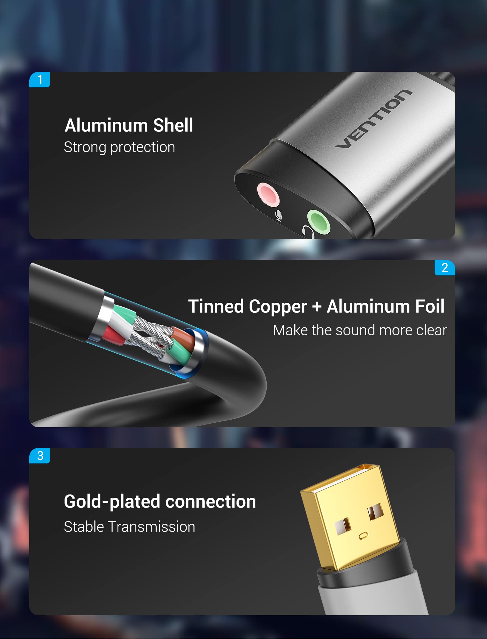 USB Audio Adapter - VENTION USB External Stereo Sound Card to 3.5mm Headphone and Microphone Jack Adapter for Windows MAC Linux PC Laptop Desktops PS5