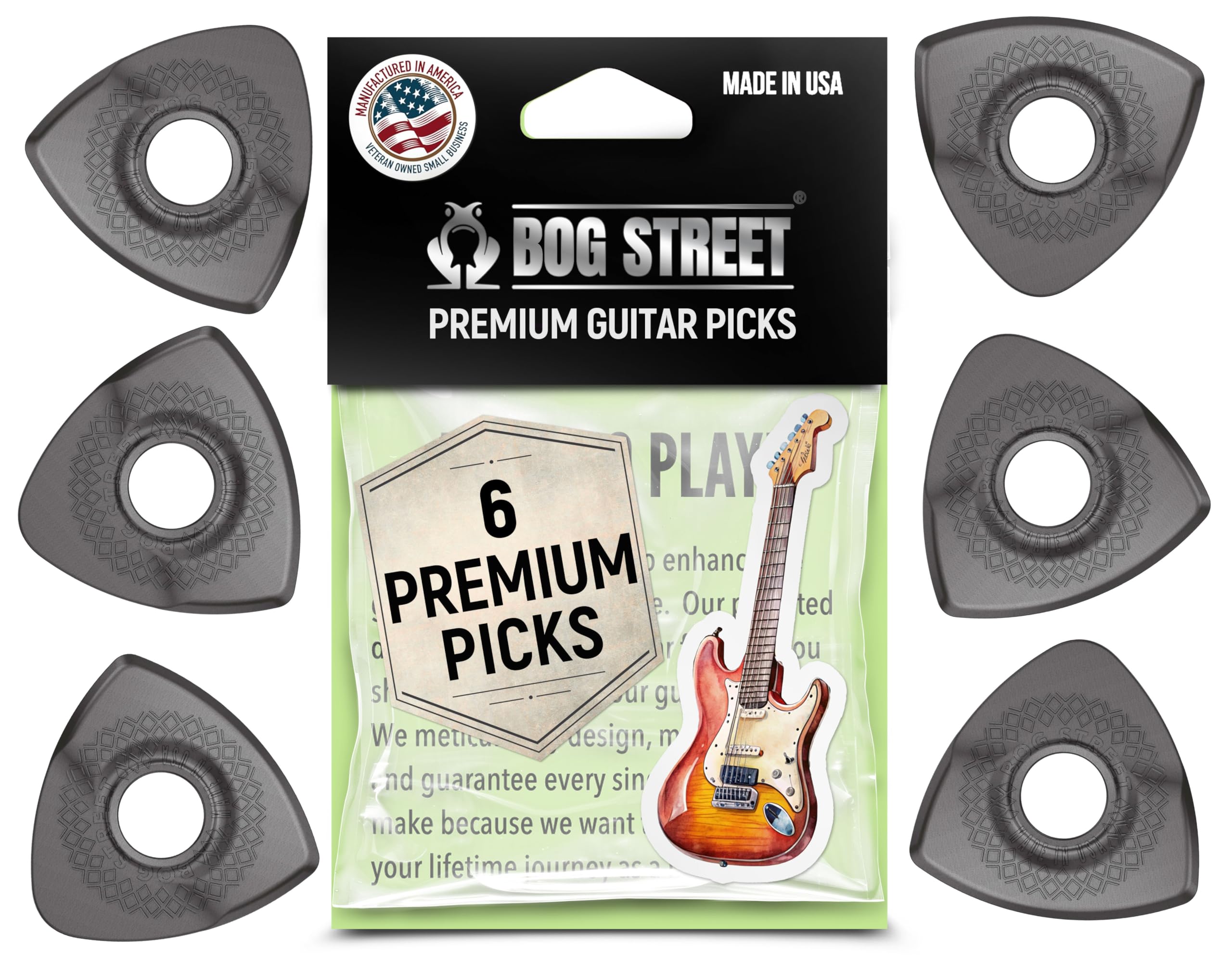 Bog Street Axe Cut Thin Guitar Pick Pack Of 6 - Made in USA Ergonomic Guitar Picks Thin, Non Slip Light Guitar Picks, Black Color