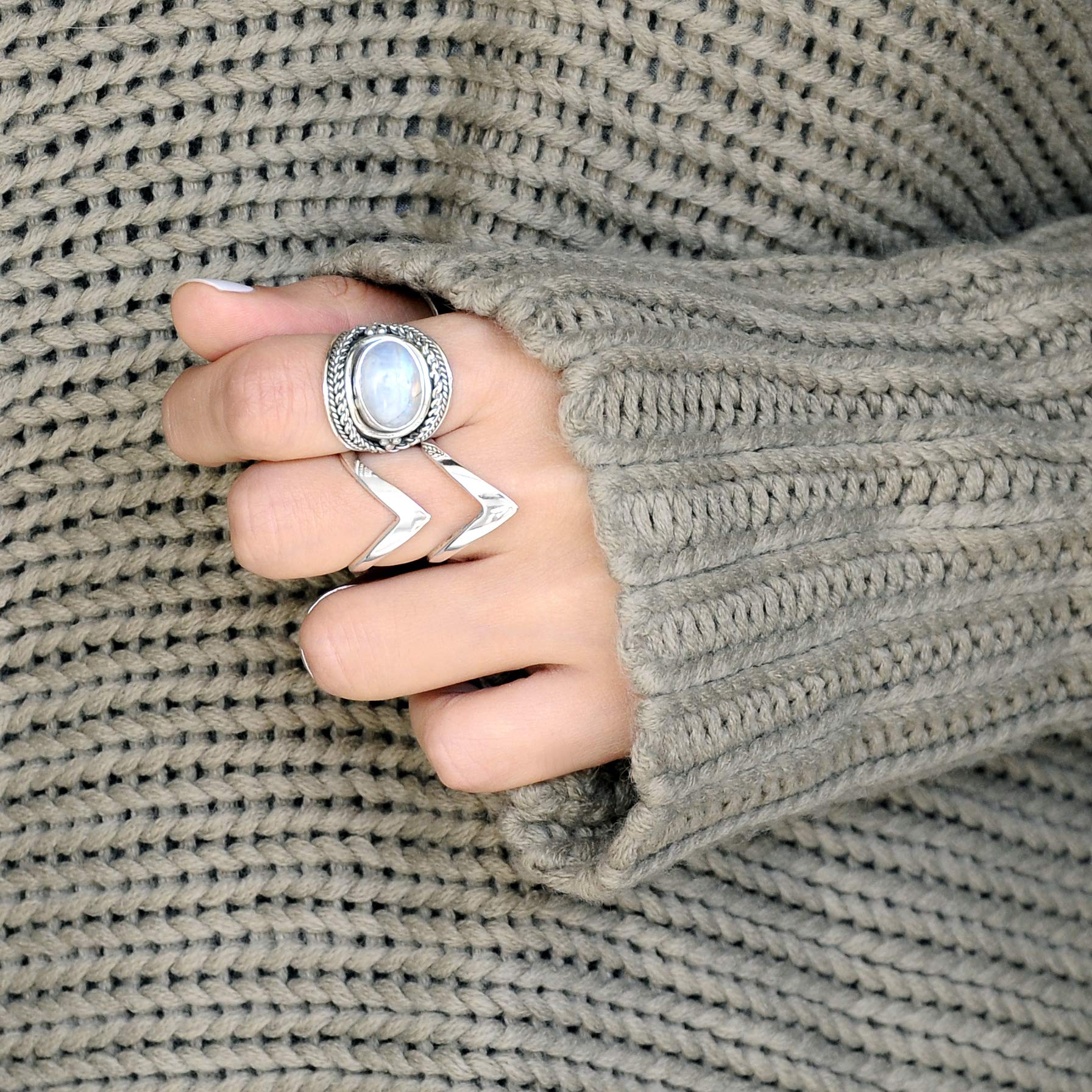 Boho-Magic Sterling Silver Chevron Ring for Women Statement Large Wide Band Full Finger (8)
