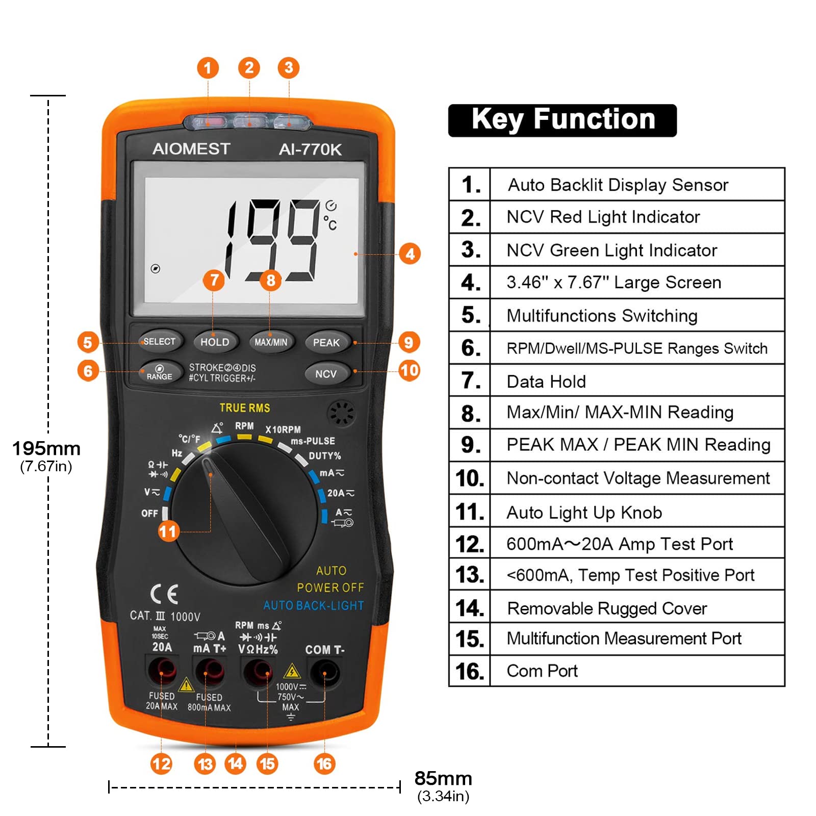 AIOMEST AI-770K Automotive Digital Multimeter Engine Analyzer,True-RMS 6000 Count DMM Meter for Dwell Angle, RPM, Injection Pulse,AC/DC Amps Volt Ohm Temperature Multi-Tester