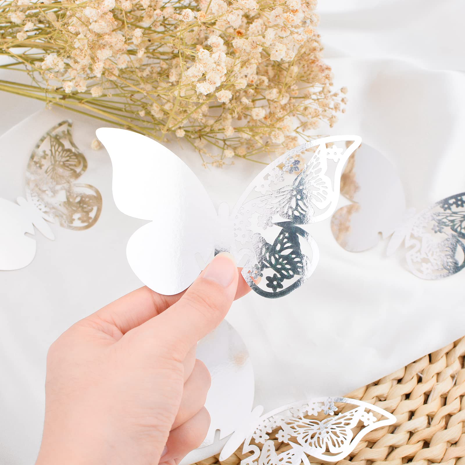 URROMA Reflective Butterfly Table Number Place Card, 50 Pcs Silver Wine Glass Cup Decor Postcards Wedding Centerpieces Wall Decals Sticker for Parties