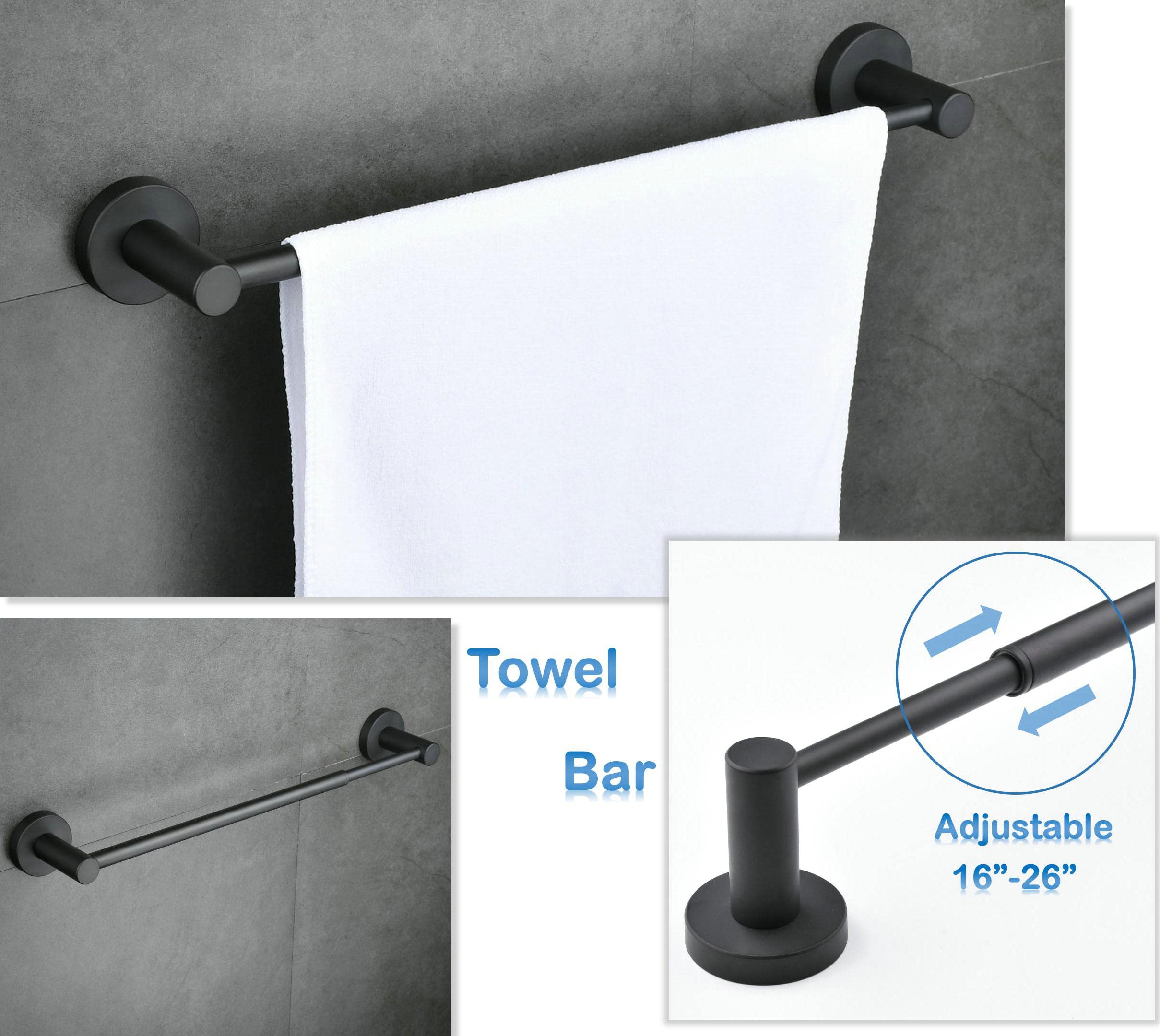 SHUNLI 5-Piece Bathroom Hardware Accessories Set Matte Black (Towel Bar Adjustable 16β to 26β, Toilet Paper Holder, Towel Ring, 2 PCS Towel Hook) Wall Mounted, SUS304 Stainless Steel