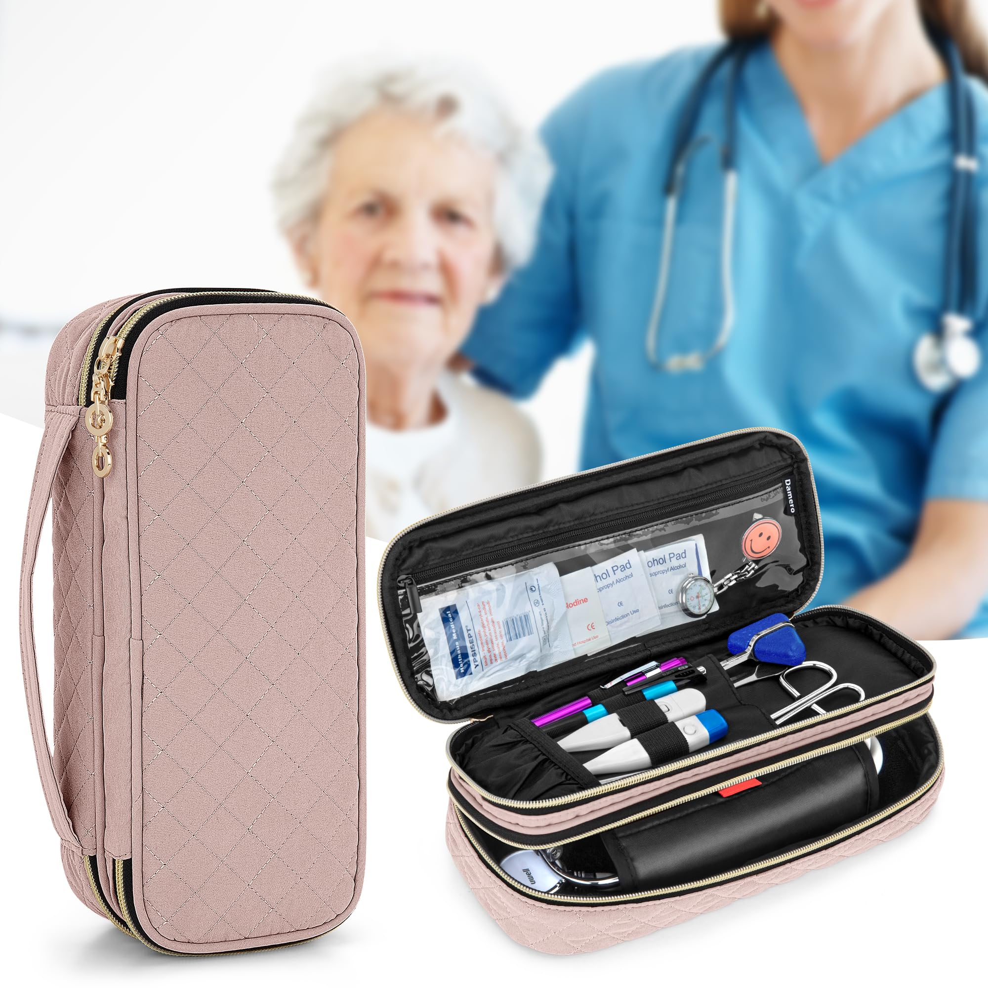 Damero Double Layer Stethoscope Case Compatible with 3M Littmann/ADC/Omron Stethoscope, Stethoscope Carrying Case Travel Bag for Nurse Accessories, Misty Rose