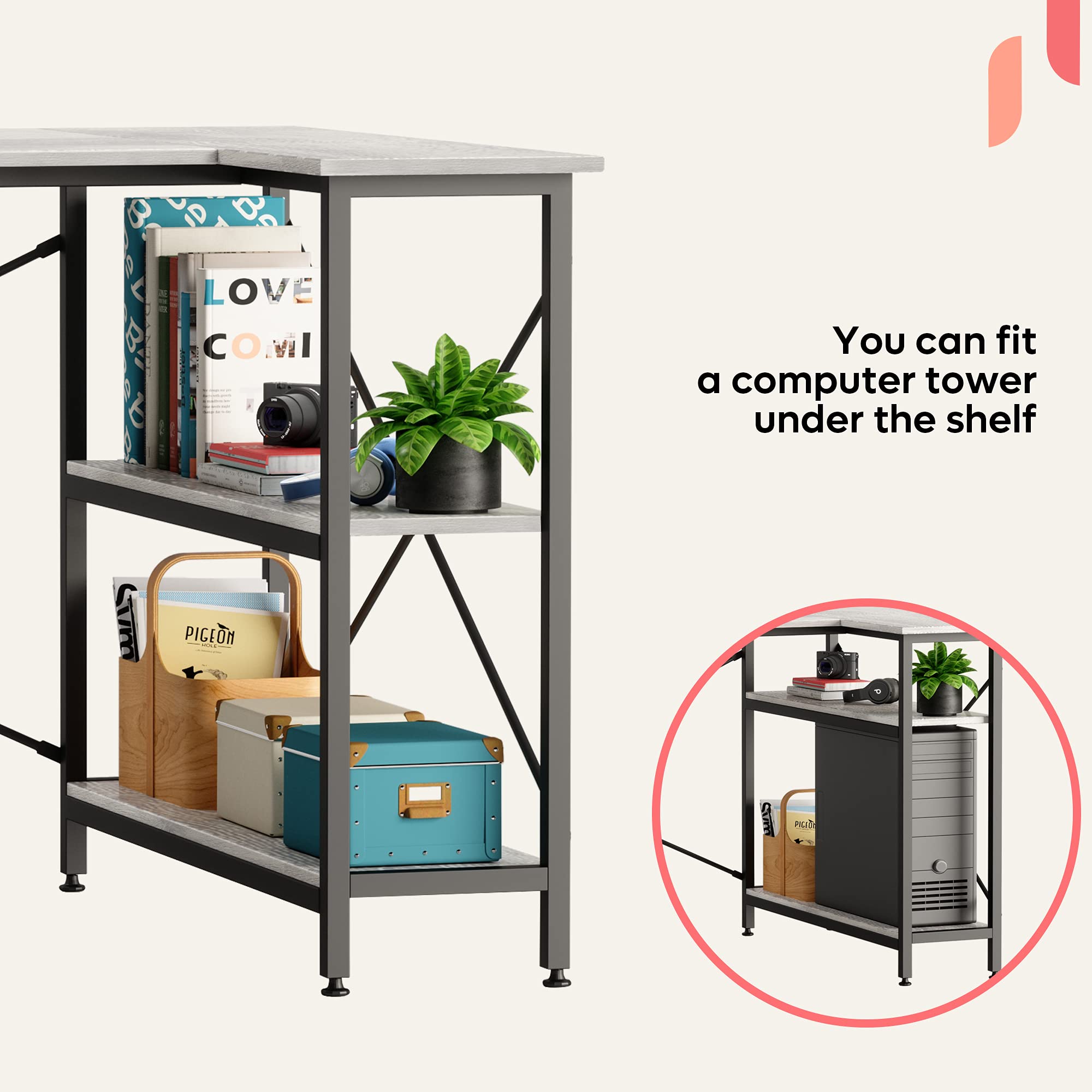 Bestier L Shaped Desk with Storage Shelves 55 Inch Corner Computer Desk Writing Study Table Workstation for Home Office, Wash Gray