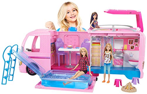 Barbie Camper Playset, Dreamcamper Toy Vehicle with 50 Accessories Including Furniture, Pool & Slide, Hammocks & Fireplace (Amazon Exclusive),Pink