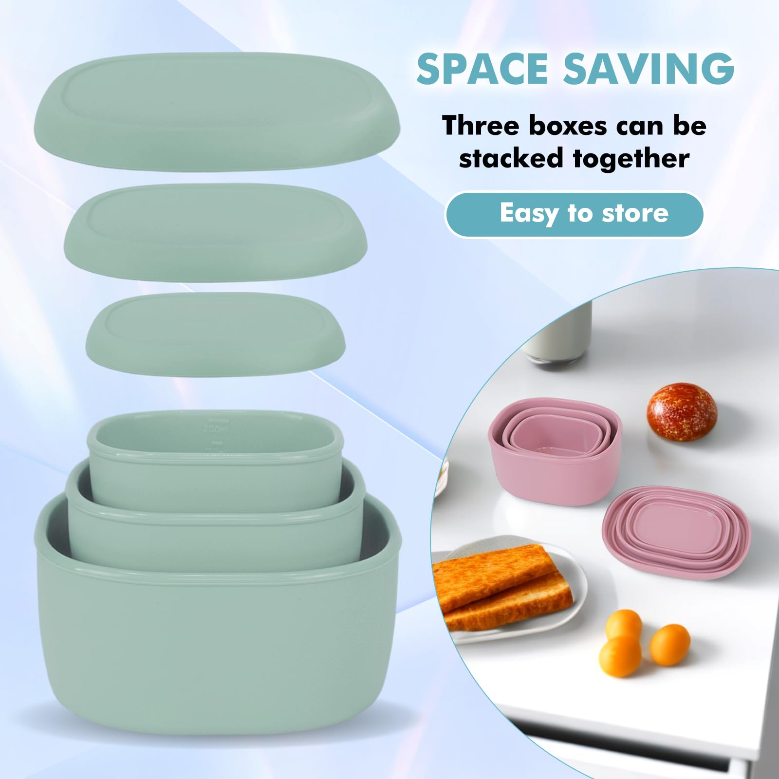 Anatole Silicone Food Storage Containers Set of 3 Lunch Box Bento with Lids BPA Free Dishwasher Microwave Oven Freezer Safe (6.7oz, 10oz, 20oz) Green
