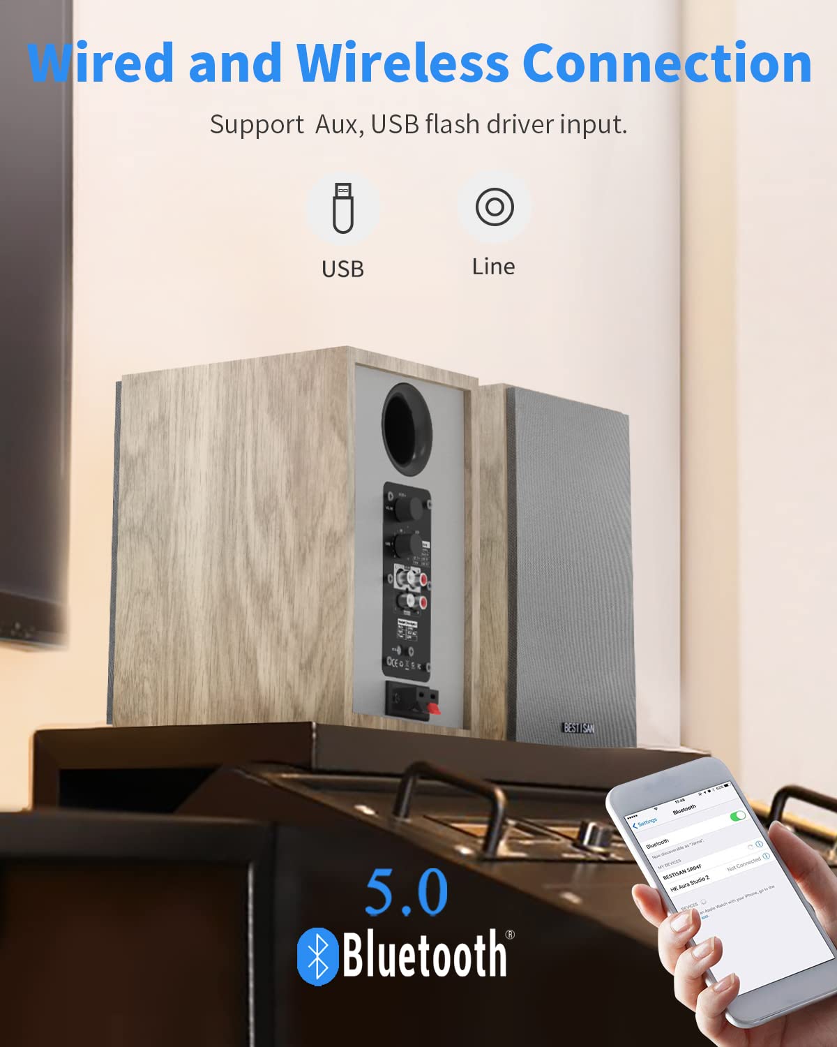 BESTISAN Bookshelf Bluetooth Speakers, Powered 2.0 Stereo 50W Home Audio Bookshelf Stereo Speakers for Turntables, Record Player, Desktop, TV, RCA Input, Wooden Enclosure, Pair