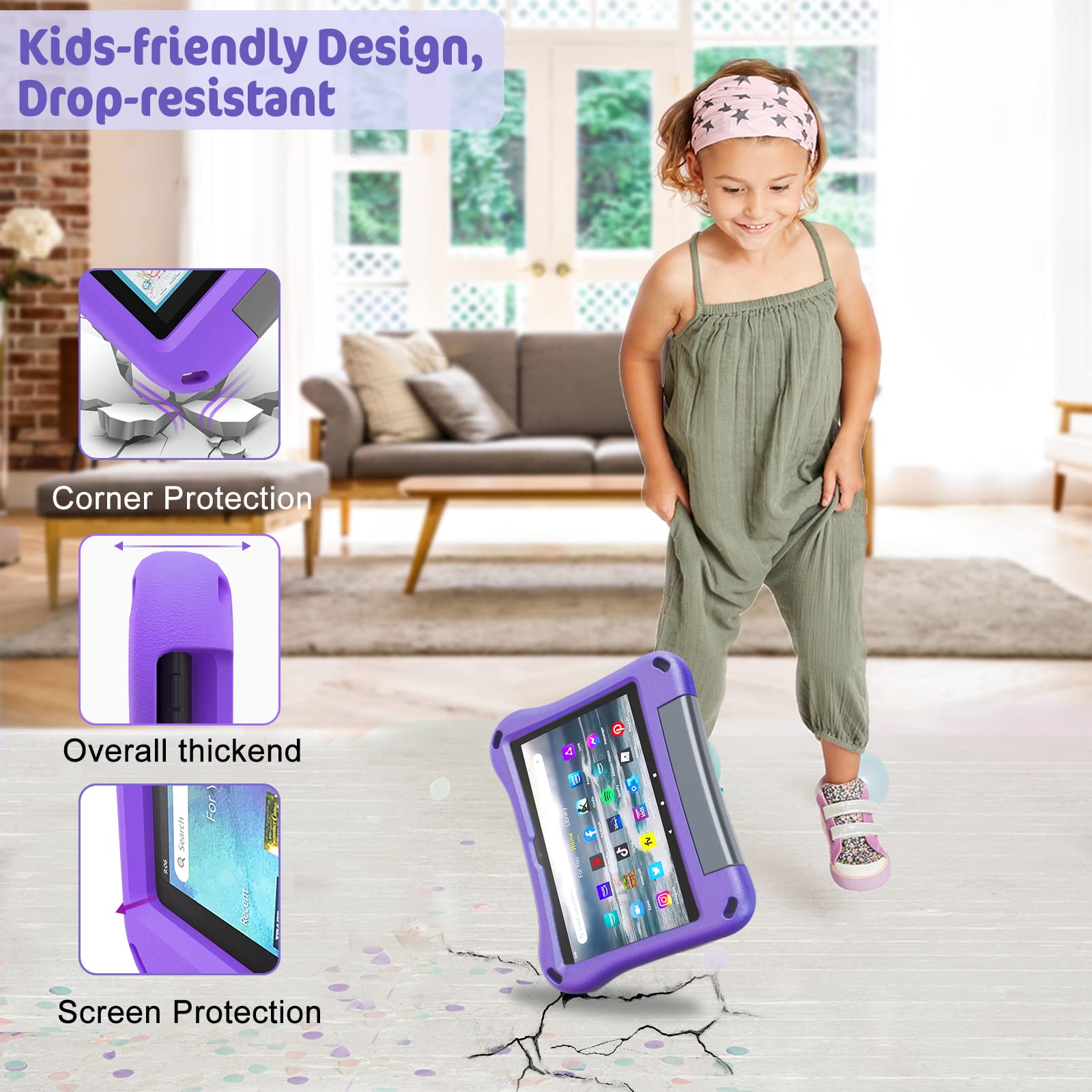 8 inch Tablet case,Tablet Case Fits 8 & 8 Plus Tablet (for 12th/10th Generation, 2022/2020 Release),Auorld Light Weight Anti Slip Shockproof Kids Friendly Case Cover with Bracket,Purple