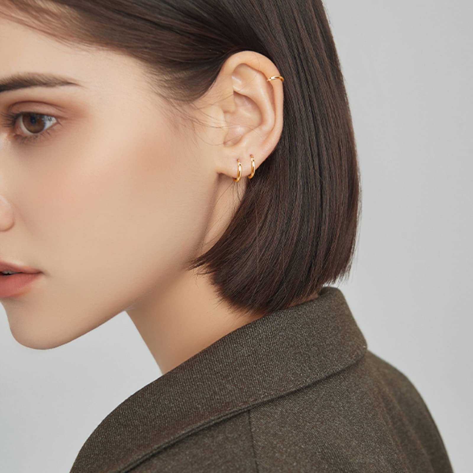 6 Pairs 18K Gold Plated Earring Sets for Multiple Piercing, Small Huggie Hoop Earrings, Flat Back Tiny Ball CZ Stud Earrings for Women Girls