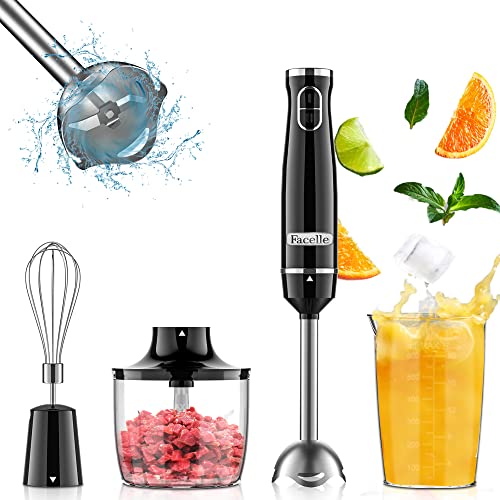 Facelle Immersion Hand blender 1000W, 4-in-1 Handheld Smoothie Blender Stick Blender with Chopper, Beaker, Whisk for Smoothie, shakes, Baby Food, Sauces Red, Puree, Soup