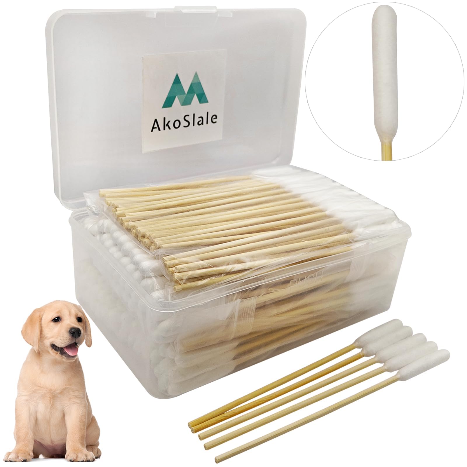 AkoSlale Dog Ear Cleaner Q Tips, 200pcs, 6 Inch Long Cotton Swabs for Dogs - Biodegradable Ear Cleaning Swabs for Pet Ear Infection Treatment and Wax Removal