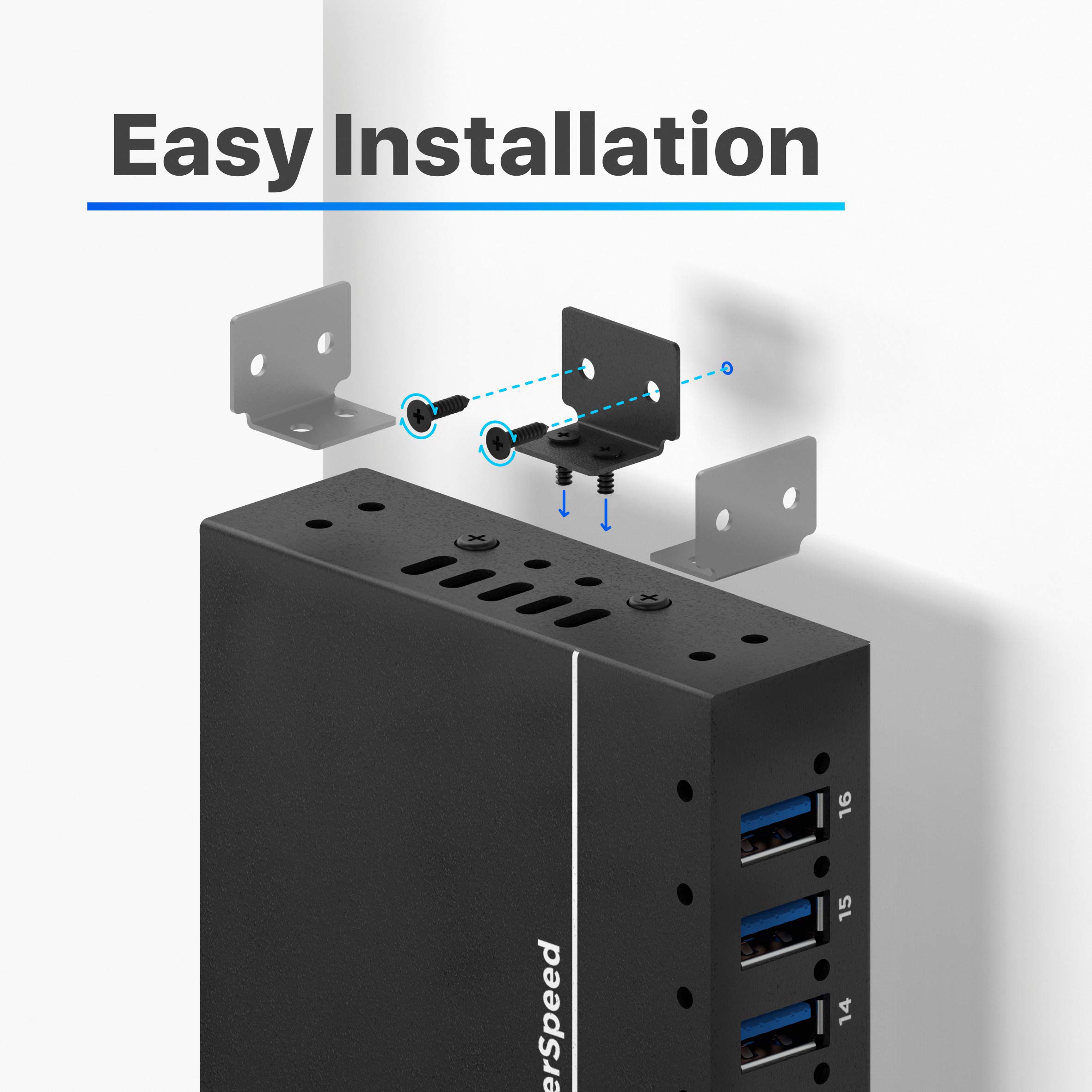 Multi-Safety Protection USB Splitter - 16 Port Powered USB Hub 3.0 with AC Adapter (12V / 10A) - Aluminium USB 3.0 Hub with LEDs - High Speed - Hub for Multiple Devices - Powered USB 3.0 Hub