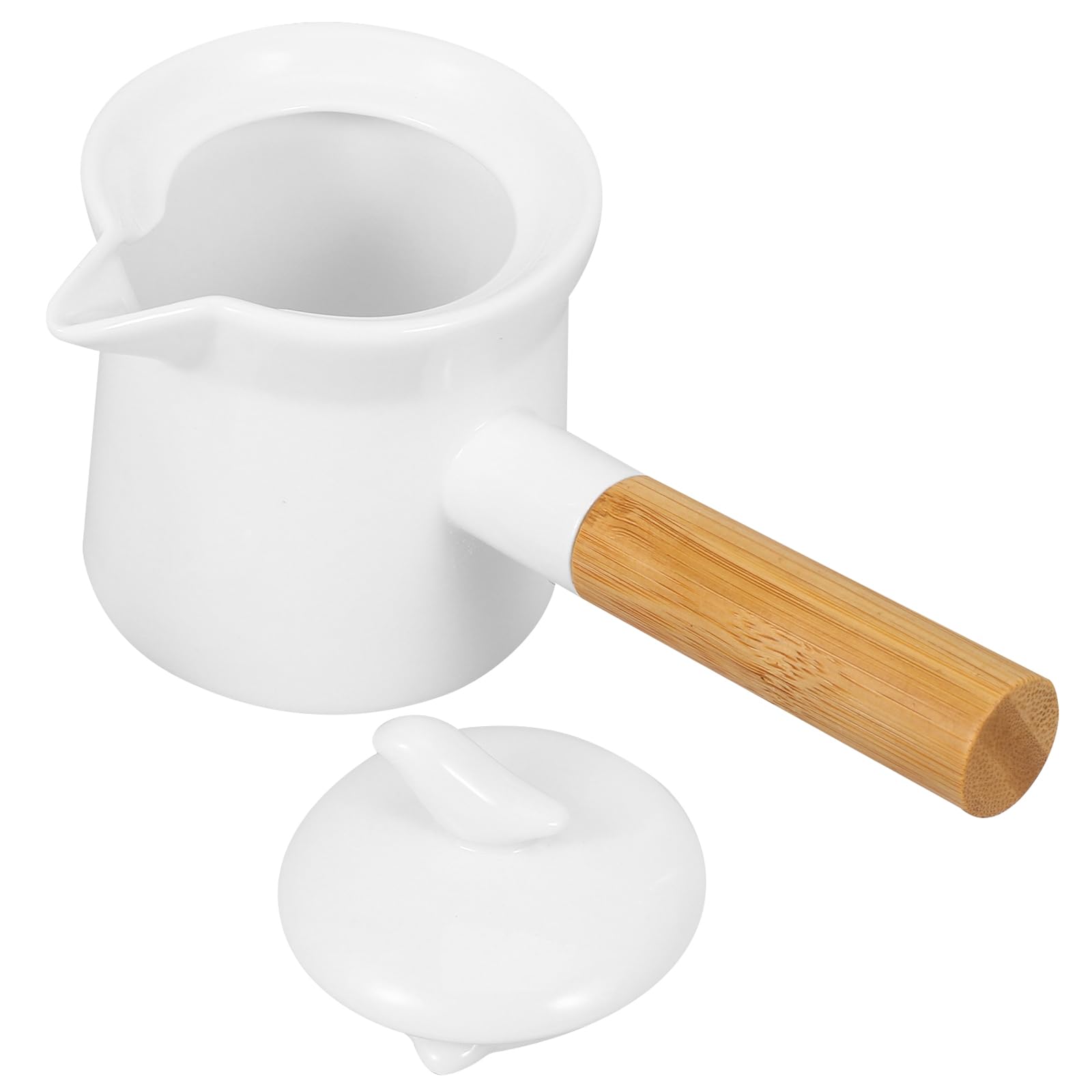Ciieeo Enamel Milk Pot 350ml Mini Butter Warmer Non-stick Milk Heating Pot Small Enamelware Saucepan with Wood Handle and Lid for Heating Liquid Portions White