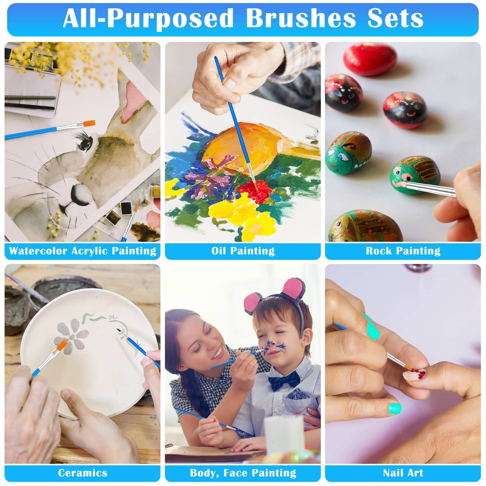 Small Paint Brushes Bulk, Anezus 50 Pcs Flat Tip Round Acrylic Paint Brushes for Kids Classroom Acrylic Watercolor Canvas Face Painting Touch Up
