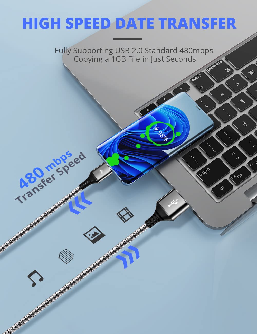 JIUWFOX Micro USB Android Charger Cable [2-Pack 4ft+6ft], Light Up Micro USB Charging Cable for Samsung Galaxy S7 Edge S6 S5 J7 J7V J5 J3, Moto E6 E5 E4, LG K40 K20, Xbox, PS4