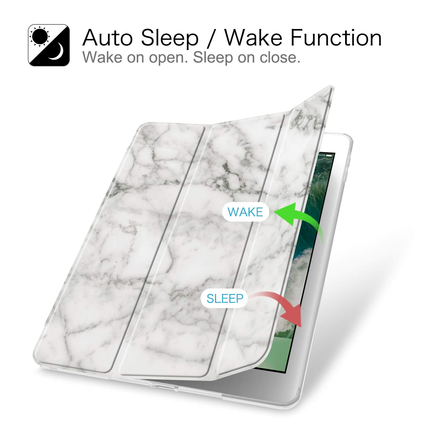 Fintie Case with Built-in Pencil Holder for iPad 6th / 5th Generation - Lightweight SlimShell Cover with Translucent Frosted Back, Supports Auto Wake/Sleep for iPad 9.7 Inch 2018/2017, Marble White