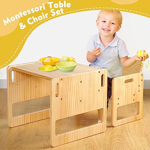 FUNLIO Montessori Weaning Table and Chair Set for Toddlers Age 1-3, Height Adjustable Toddler Table and Chair Set, Cube Kids Table Chair for Reading/Eating/Playing, Easy to Assemble, CPC Certified