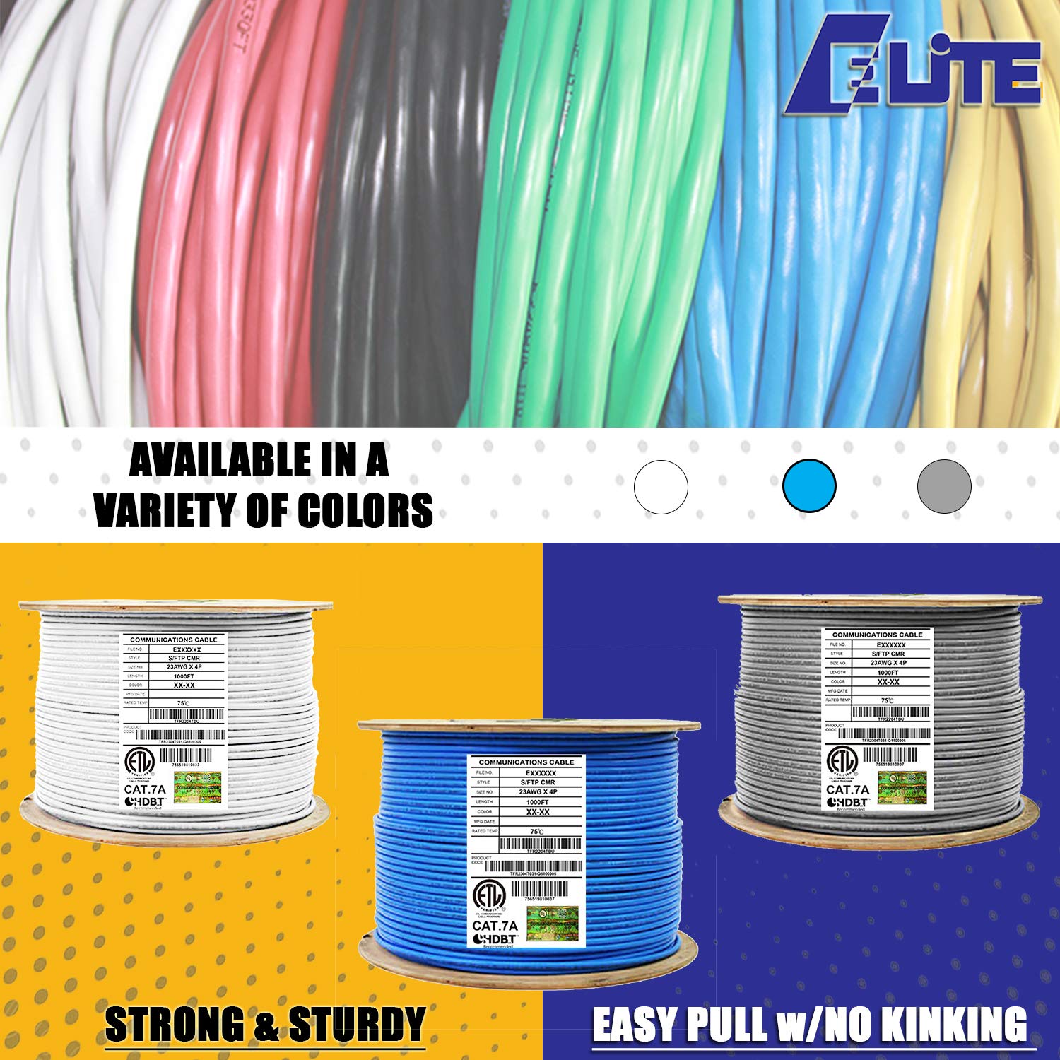 Elite CAT7A Shielded Riser (CMR), Ethernet Cable 1000ft Reel, Shielded Foil Twisted Pair (S/FTP) 23AWG, Solid Pure Bare Copper, 1000MHz, UL Certified, Easy Pull, Bulk Networking Cable - Grey