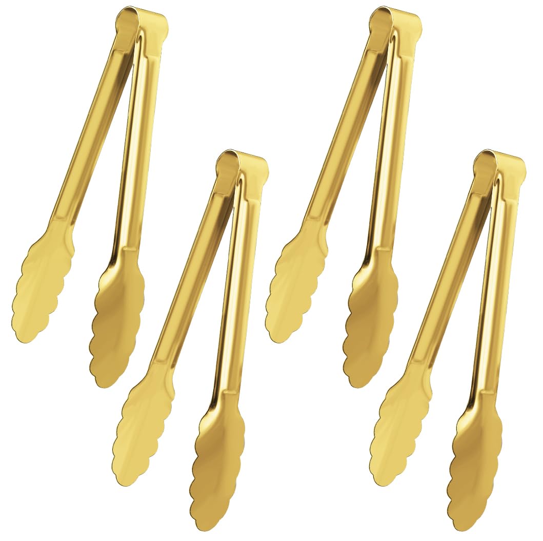 4 Pack Gold Serving Tongs XEVOM Gold Buffet Tongs Serving Utensils Salad Tongs Stainless Steel Gold Plated Buffet Serving Tongs,9 Inch