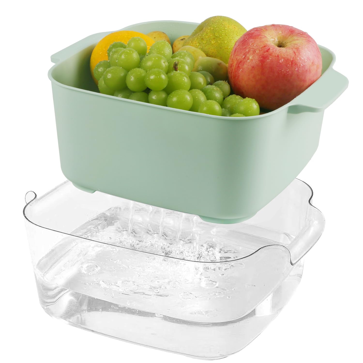 8.2 QT Fruit Strainer Colander Bowl Set, Kitchen Nesting Vegetable Fruit Washing Soaking Basket, 2 in 1 Large Plastic Food Storage Container Basin for Pasta Salad Berry Drain BPA Free, Light Green