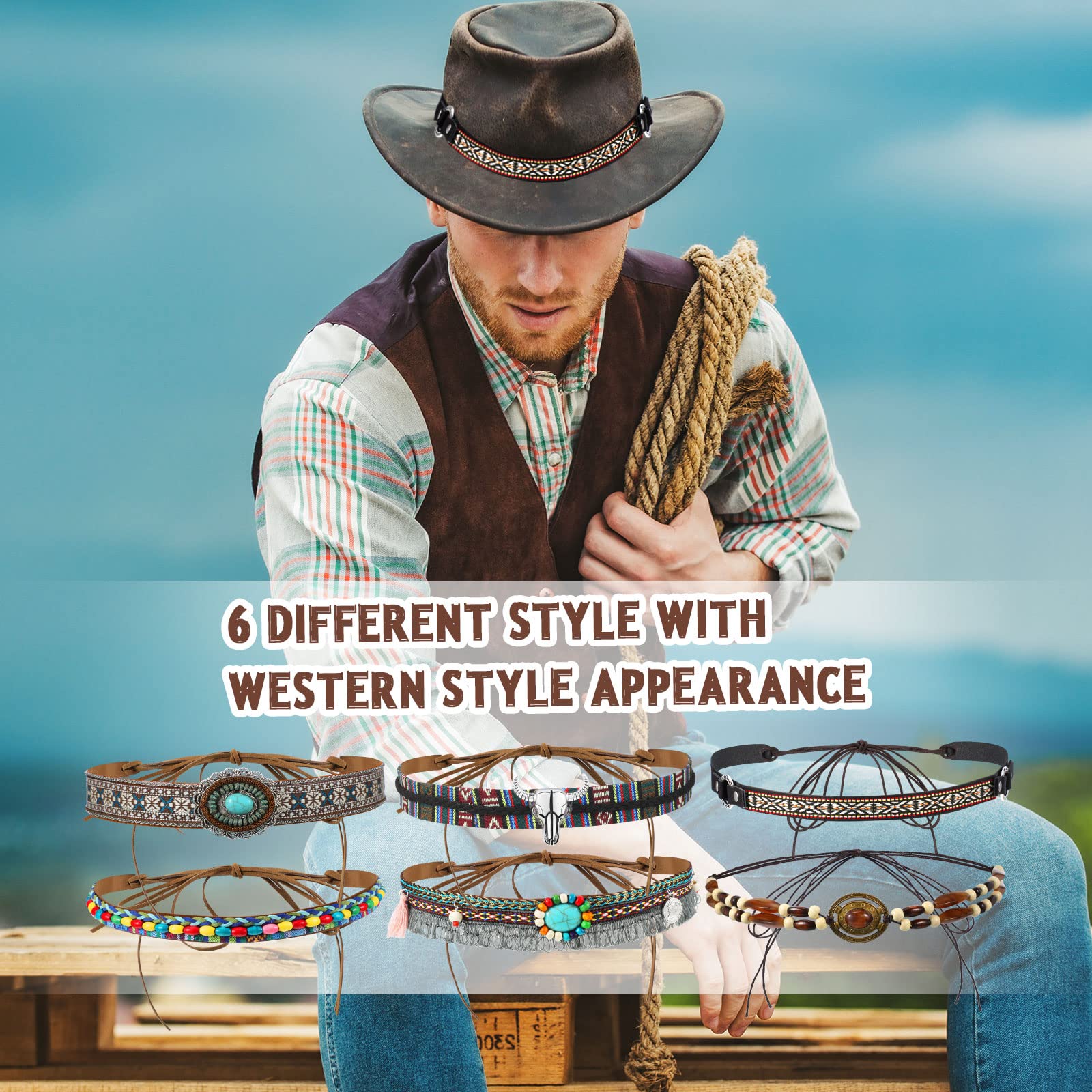 6 Pcs Cowboy Hat Bands for Women Western Turquoise Handmade Adjustable Beaded HatBands for Men Cowboy Panama Hat Mexican (Rustic Style)