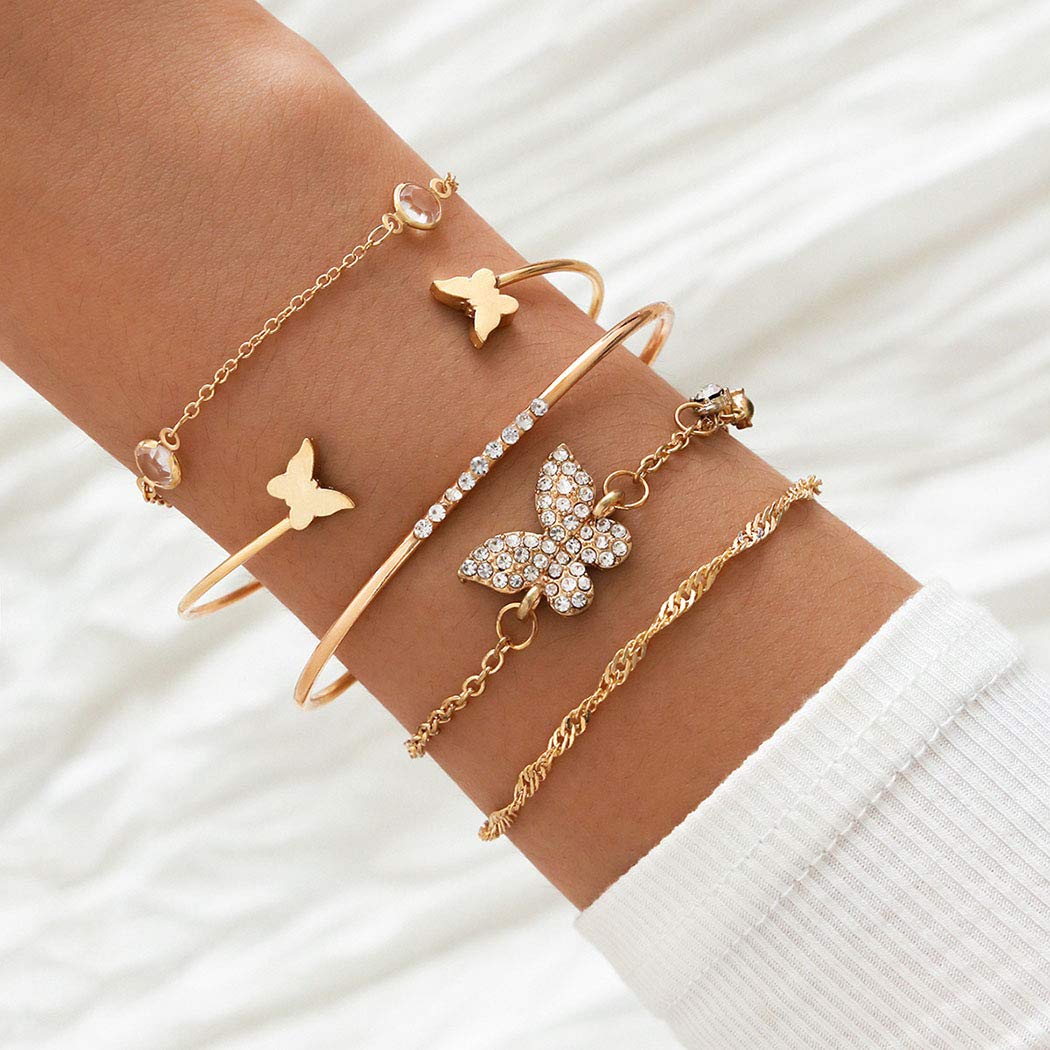 5PCS Fashion Crystal Bracelets Sets for Women Gold Layered Butterflies Pendant Charms Hand Chain Stackable Wrap Bangle Adjustable Bracelet Jewelry Accessories