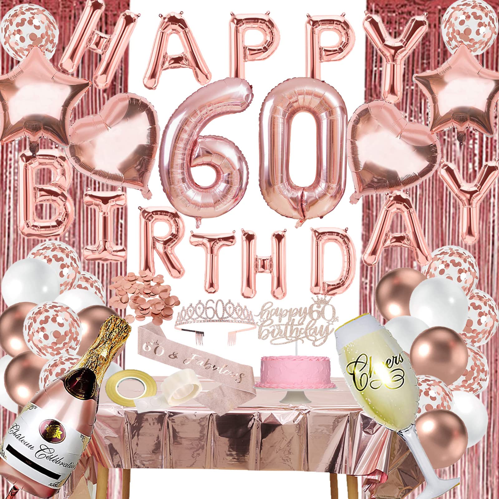 60th Birthday Decorations Women - Rose Gold 60 Birthday Decor for Her, Happy Birthday Banner, Table Cloth, Cake Topper, Bday Sash, Crown, Balloons Set for Sixty Years Old Party Supplies