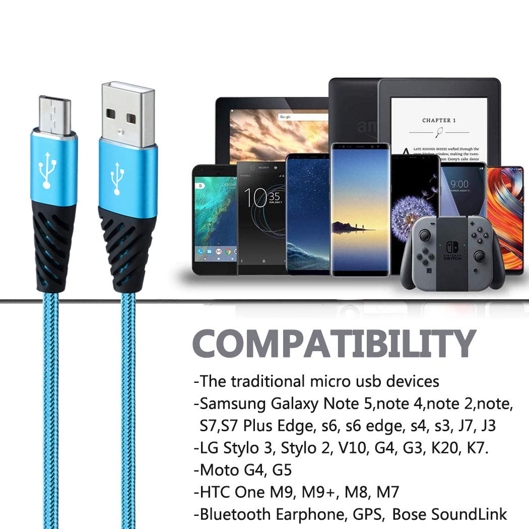 High Speed Micro USB Cable 5 Pack 10FT Android Cell Phone Charger Cables Nylon Braided Fast Charging Short Cord Compatible with Samsung S7 J7 LG HTC Motorola Kindle BlackBerry Nexus Xbox PS4 Blue