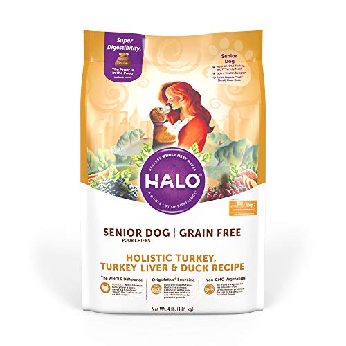 Halo Senior Holistic Dog Food, Grain Free Turkey, Turkey Liver, & Duck, Dry Senior Dog Food Bag, Senior Formula, 4-lb Bag