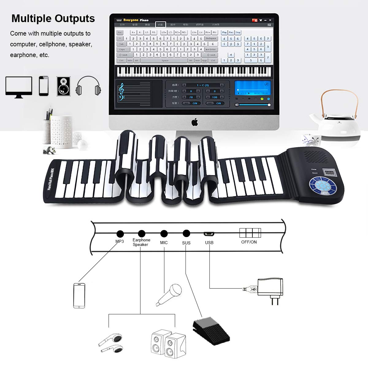 88 Keys Portable Keyboard Piano, Safeplus Electric Roll Up Flexible Silicone Piano Keyboard for Kids Beginners Adults Gift Support MP3 Player Bluetooth Function