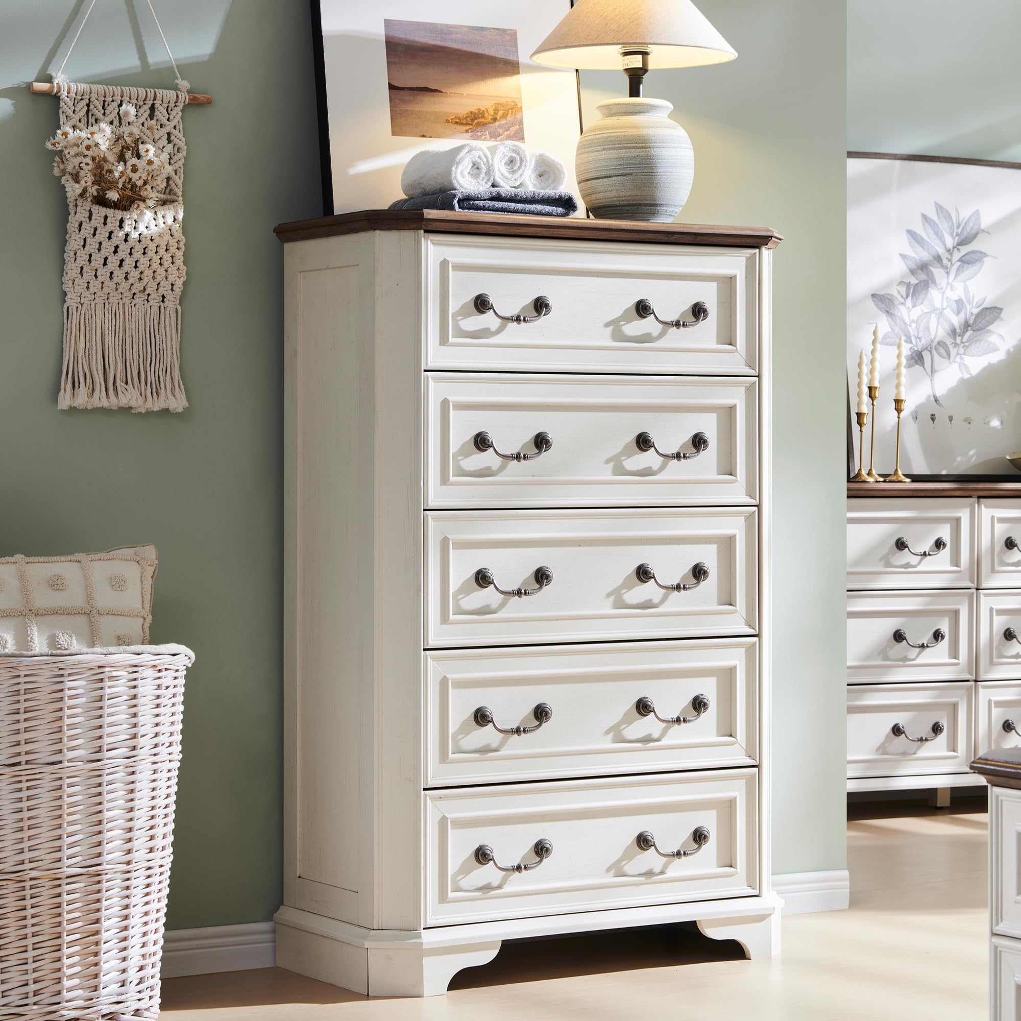 T4TREAM Farmhouse 5 Drawers Dresser for Bedroom, 48" Tall Wood Rustic Chest of Drawers with Natural Texture, Vintage Design, Storage Dressers Organizer for Bedroom, Living Room, Hallway, Antique White